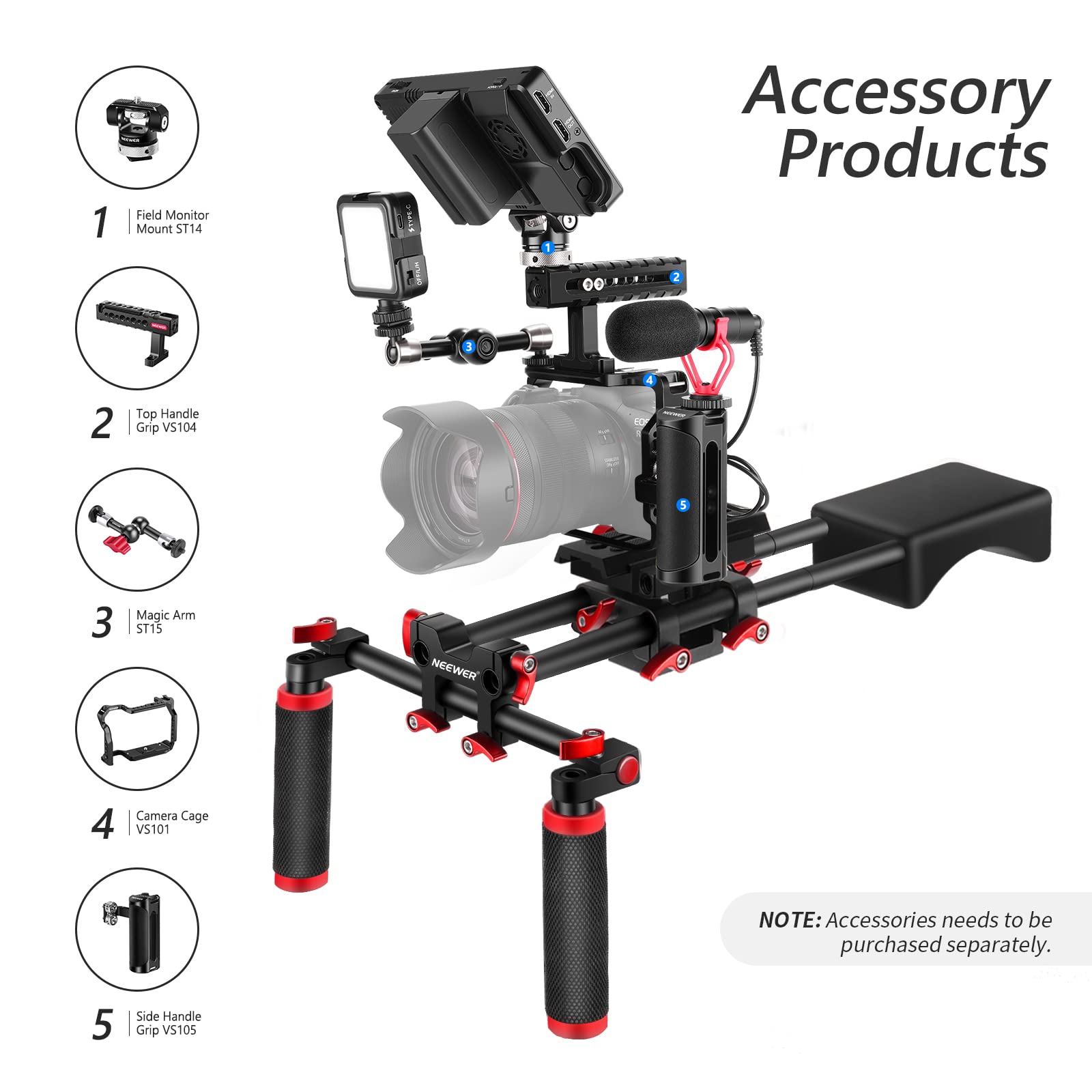 Neewer Camera Shoulder Rig, Video Film Making System Kit for DSLR Camera and Camcorder with Soft Rubber Shoulder Pad and Dual Hand Grips, Compatible with Canon/Nikon/Sony, etc (Red + Black)