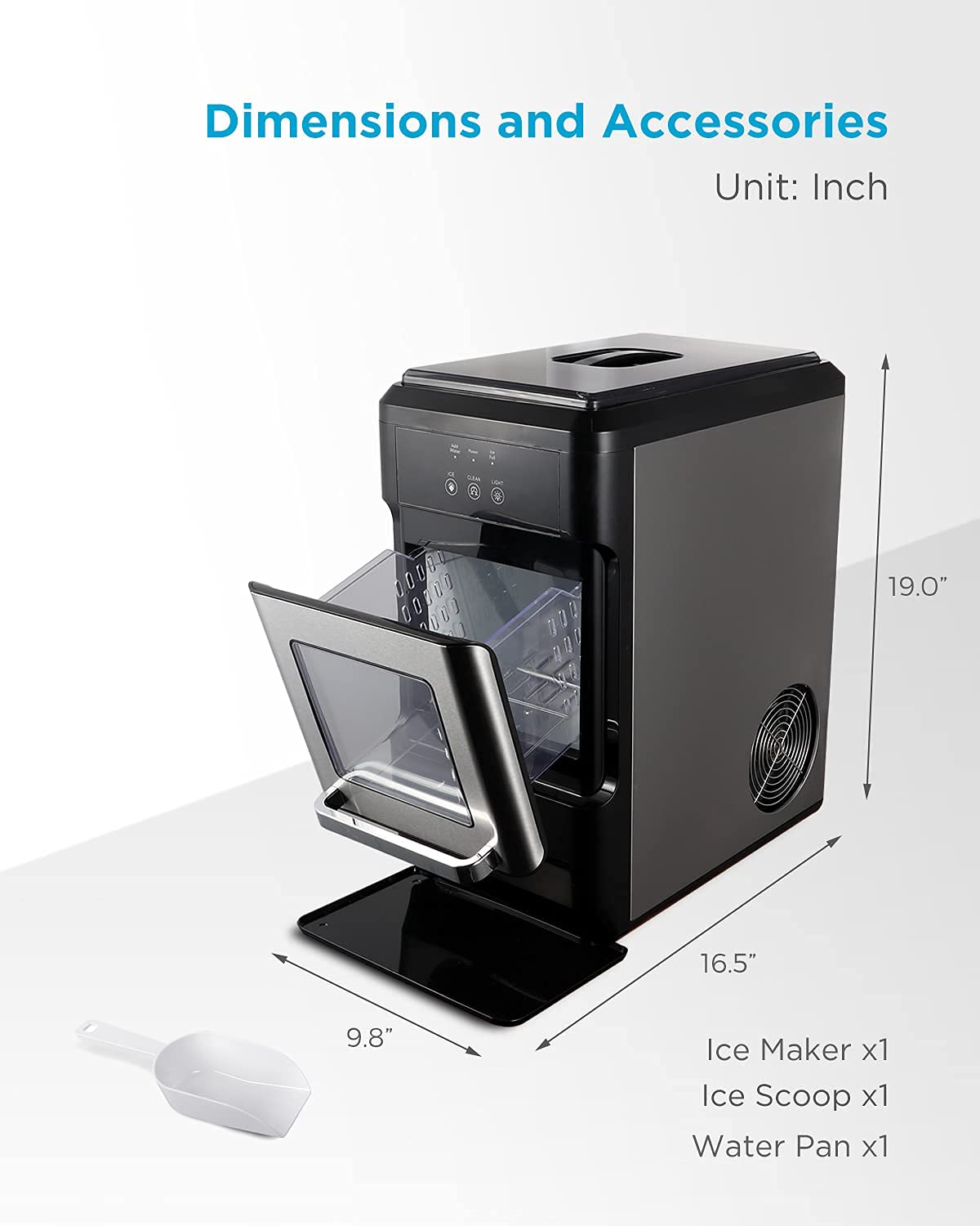 Watoor Countertop Chewable Nugget Ice Maker Auto Self-Cleaning with a Ice Scoop 44lbs Per Day