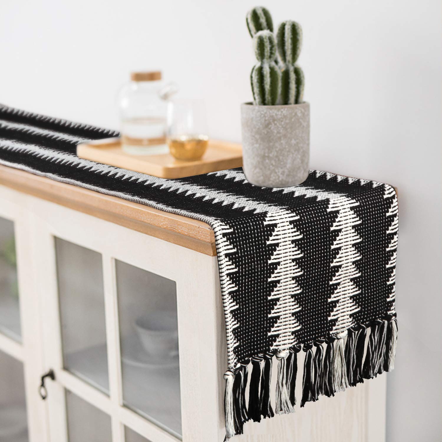 Moroccan Fringe Table Runner 14 in x 87 in, KIMODE Farmhouse Bohemian Geometric Black and White Cotton Handmade Woven Tassels Christmas Dinning Table Linen Machine Washable Home Decorative, Cedar