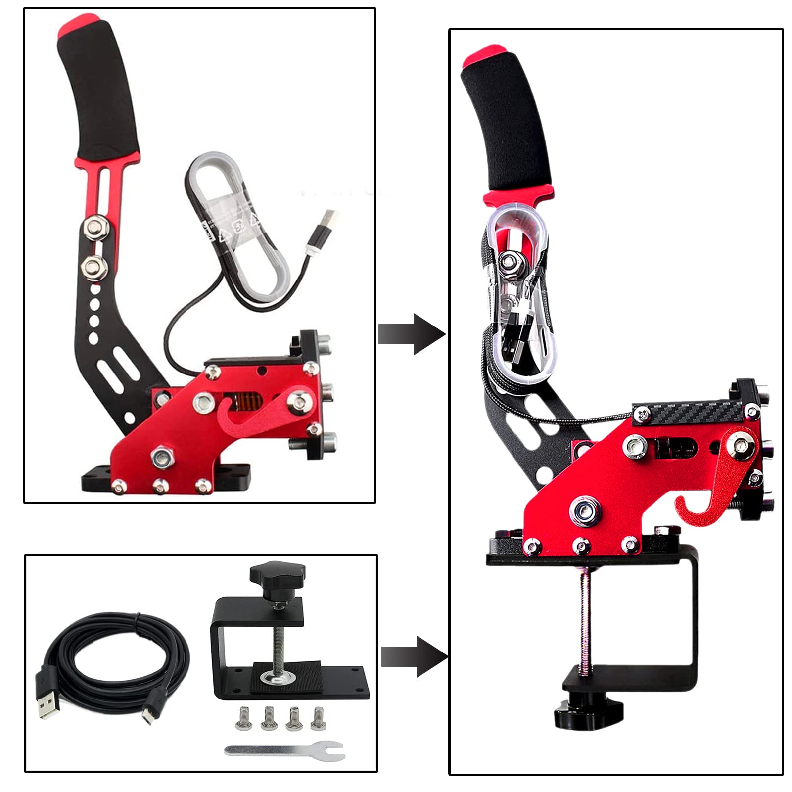 Obokidly Upgrade 2-IN-1 USB Handbrake Support G29 Compatible With PS4/PS5 + PC For Simracing Game Sim Rig With Clamp (Support G29 With Clamp, Red)