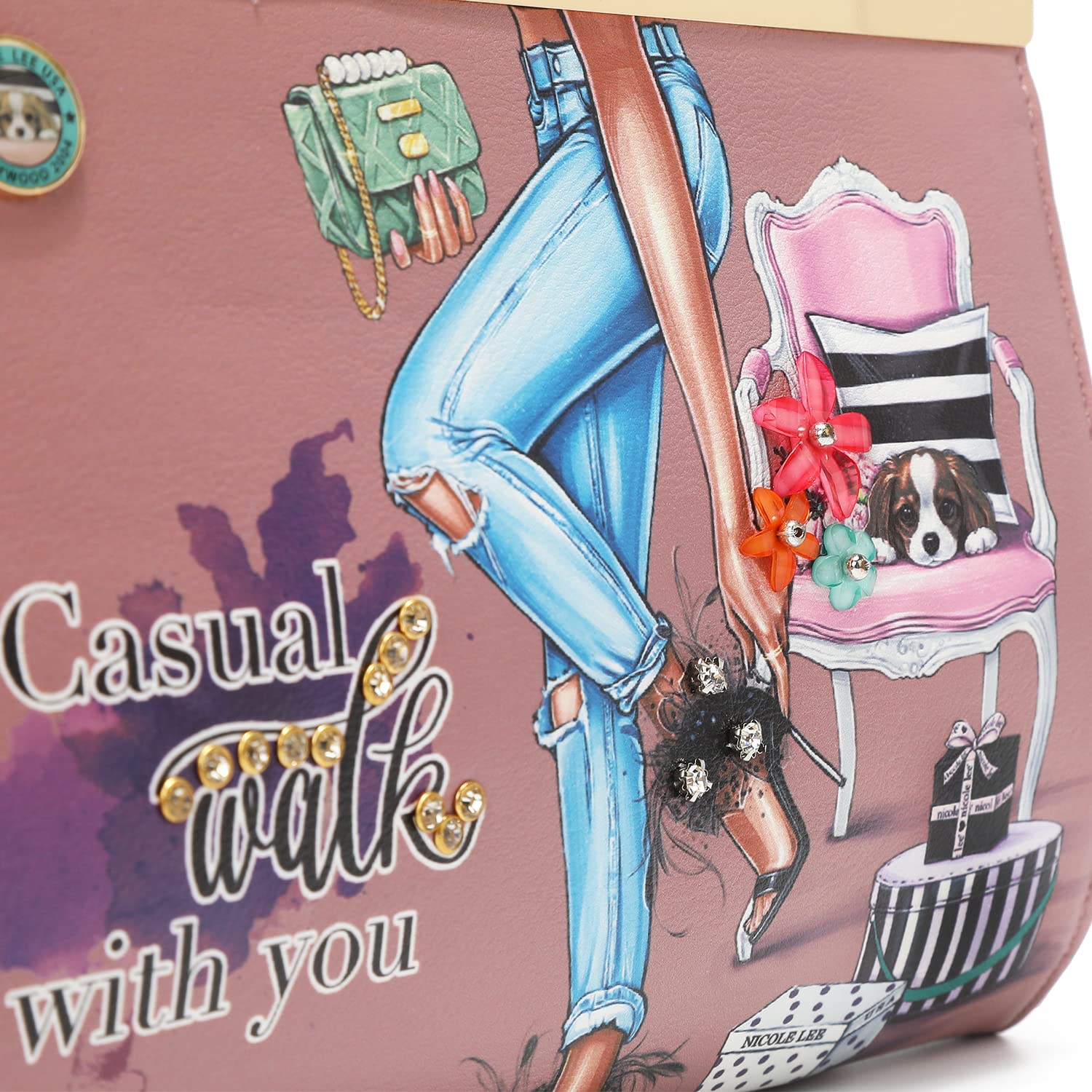 Nicole Lee Casual Walk Medium Crossbody, 2 Compartments, Pink Fashion Dog Print with Embellishments, Optional Strap