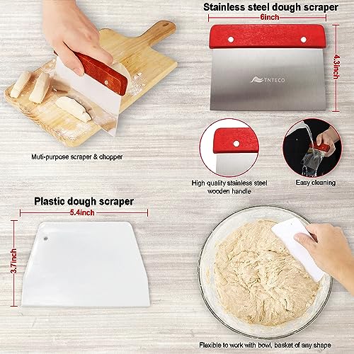 TNTECO Banneton Bread Proofing Basket Set of 2, 9 Inch Round & 10 Inch Oval Rattan Sourdough Proofing Basket with 5 Bread Lame, Scoring Lame, Scraper, Dough Whisk, Cloth Liner