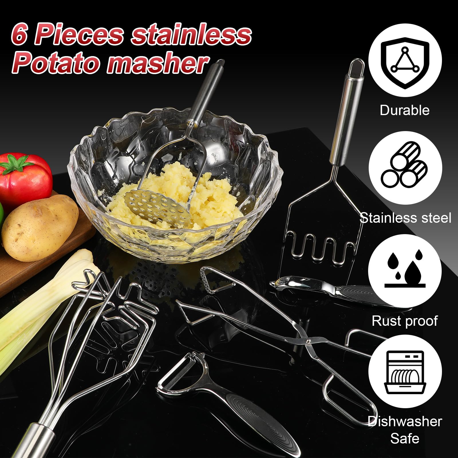 Mumufy 6 Pack Potato Masher Peeler Set Includes Wire Masher Swivel Peeler Vegetable Peelers Heavy Duty Masher Kitchen Tools for Potato Press Cooking Berries Fruits Avocado (Silver)