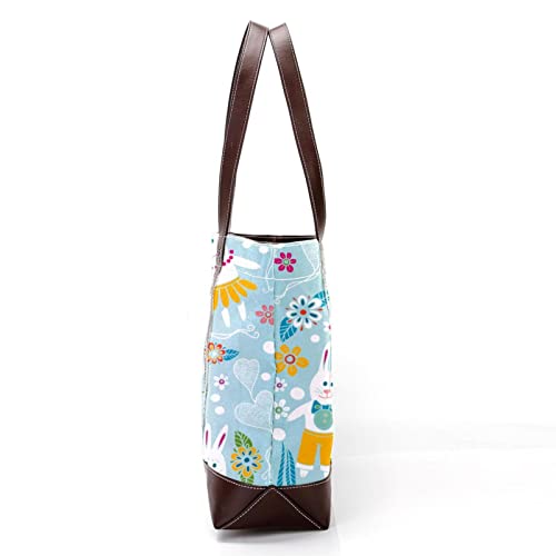 Women's Large Size Canvas Shoulder Bag Hobo Crossbody Handbag Casual Tote, Happy Easter Flower Cartoon Rabbit Lovely
