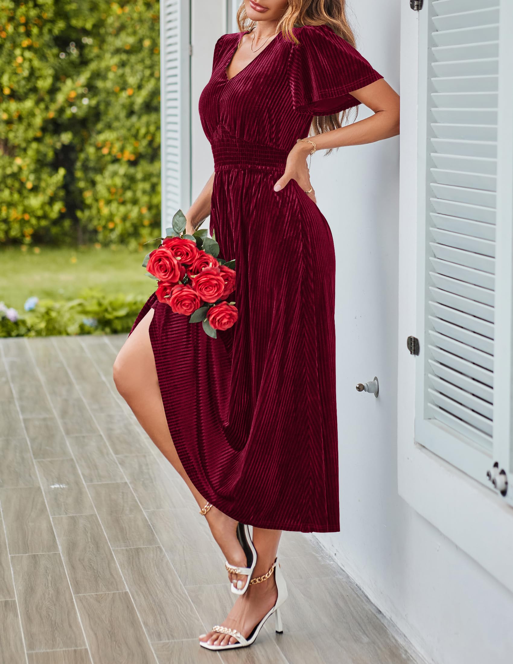 MEROKEETY Women's Flutter Short Sleeve V Neck Velvet Maxi Dress Bridesmaid Wedding Guest Formal Dresses WineRed M