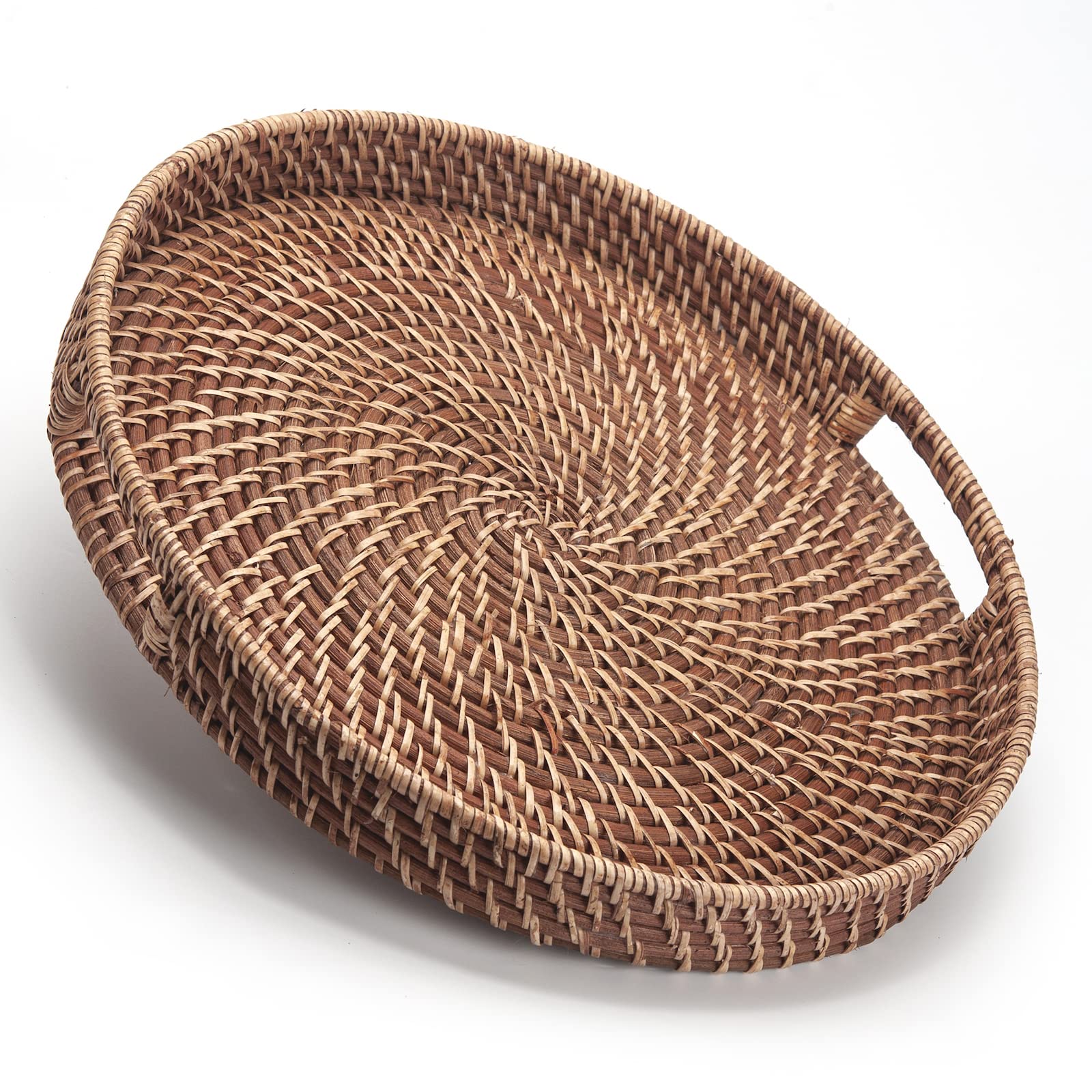 Round Rattan Woven Serving Tray with Handles Ottoman Tray for Breakfast, Drinks, Snacks for Coffee Table, Home Decorative (Honey Brown, 13.8"x2")
