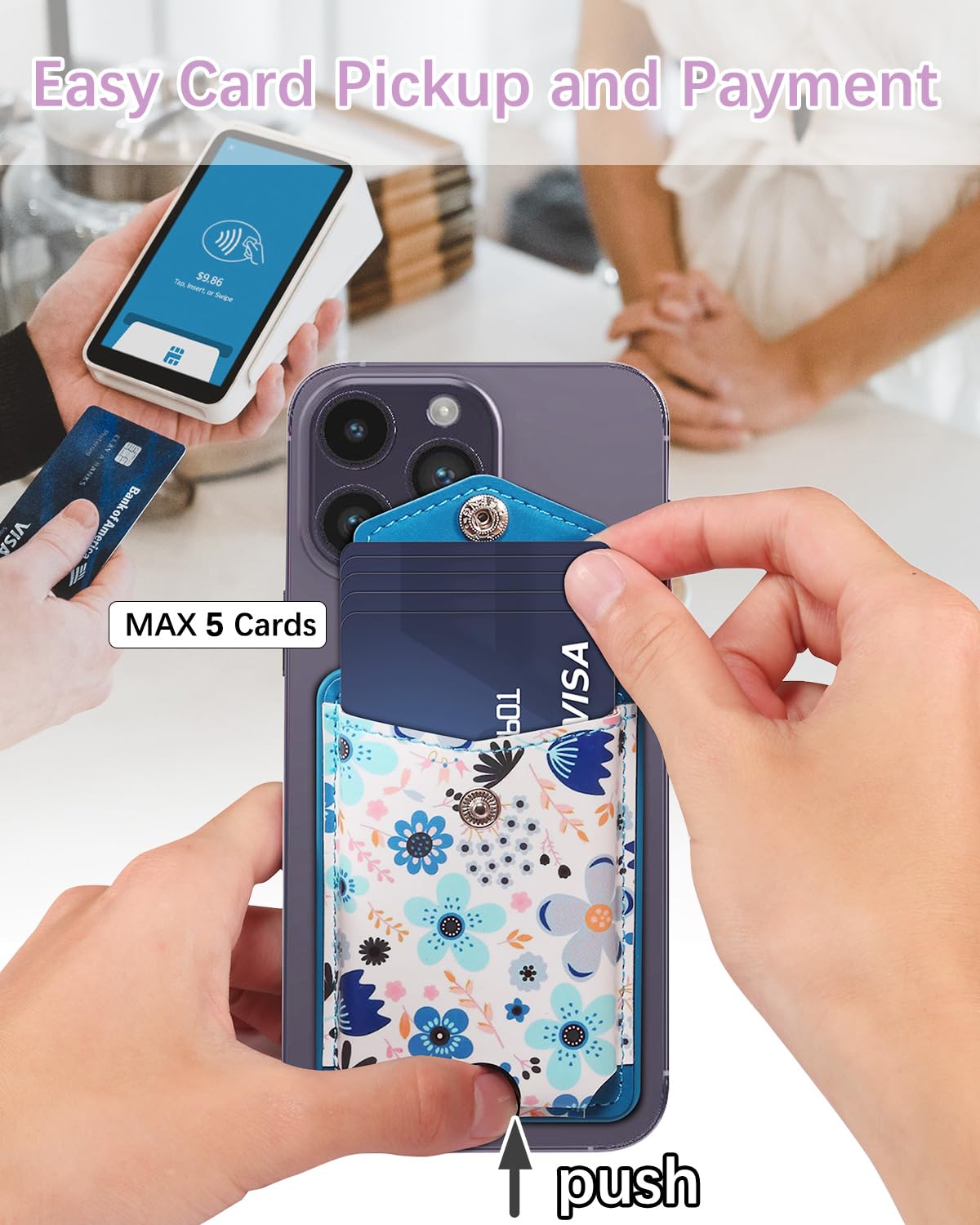Magnetic Card Holder for Apple Magsafe Wallet for iPhone 15/14/13/12 Series, Fit 5 Cards RFID Blocking Mag Safe Floral Pattern Leather Wallet for iPhone 15 PLUS,Pro Max - Blue