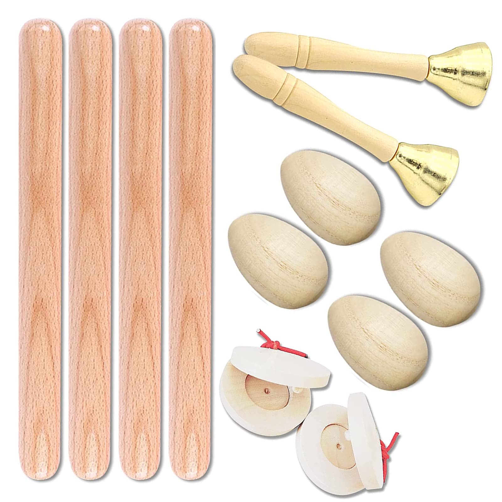 Smilerain 12 Pcs Rhythm Sticks Kids Percussion Instruments Musical Set, Includes 4 Pcs Wood Egg Shakers, Wooden round dance board 2 sets, Bumper 2 sets and Wooden hitting stick 4 sets