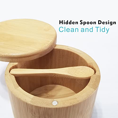 ThougrLyh Salt Sugar Container Sets 2 Bamboo Salt and Sugar Bowls with Lid and Spoon Spices Cellar Magnetic Swivel Lid Kitchen Salt Box Holder Sugar Jar 13oz Capacity