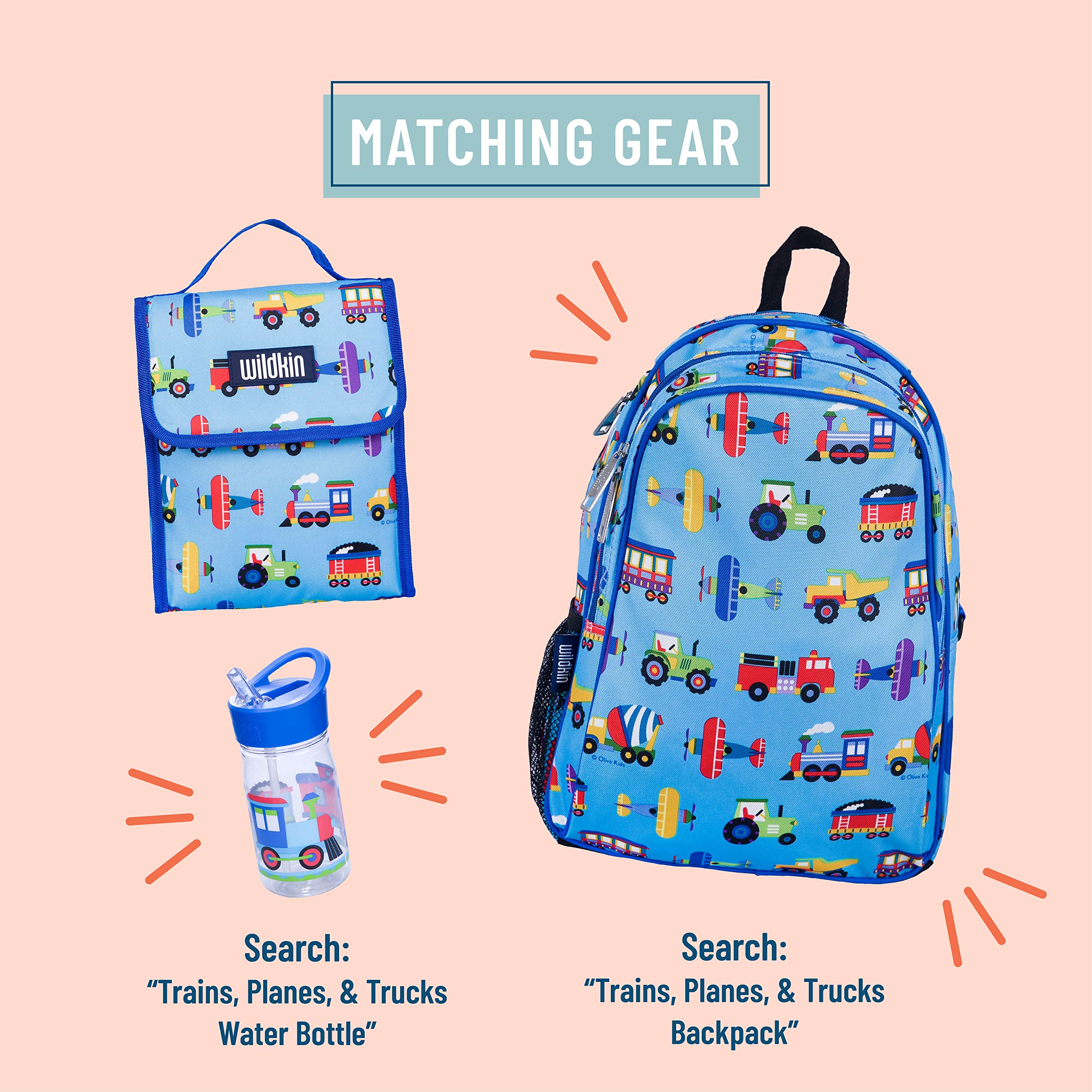 Wildkin 12 Inch Backpack and Lunch Bag Bundle with 14 Ounce Steel Water Bottle (Trains, Planes & Trucks)