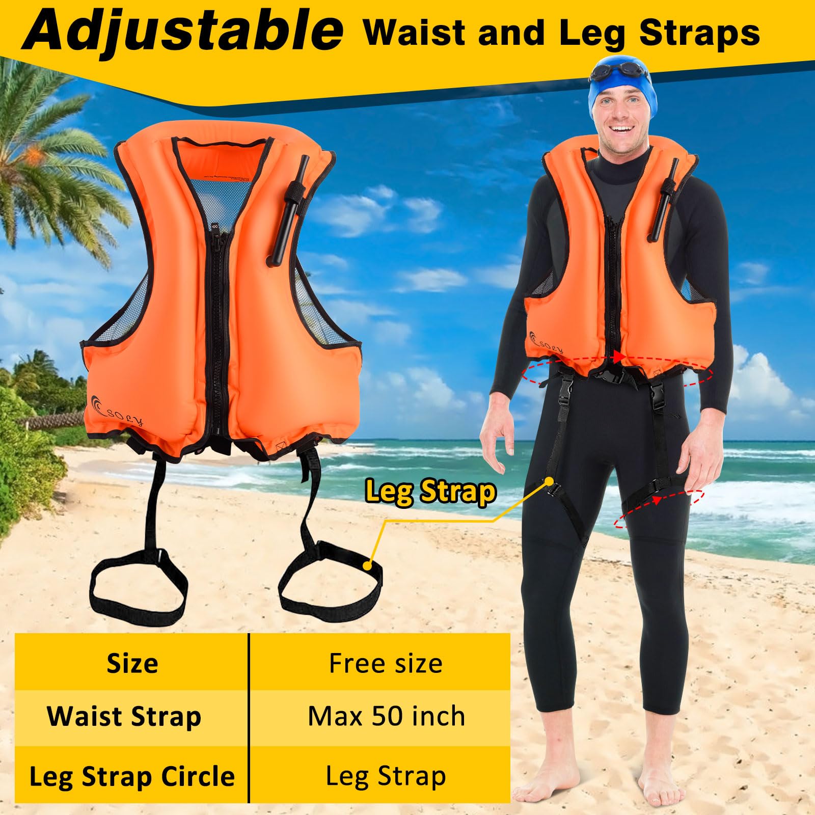 SOLY Inflatable Snorkel Vest for Adults,Snorkeling Vest,Snorkeling Vest for Kayaking Canoeing Water Sports Safety.