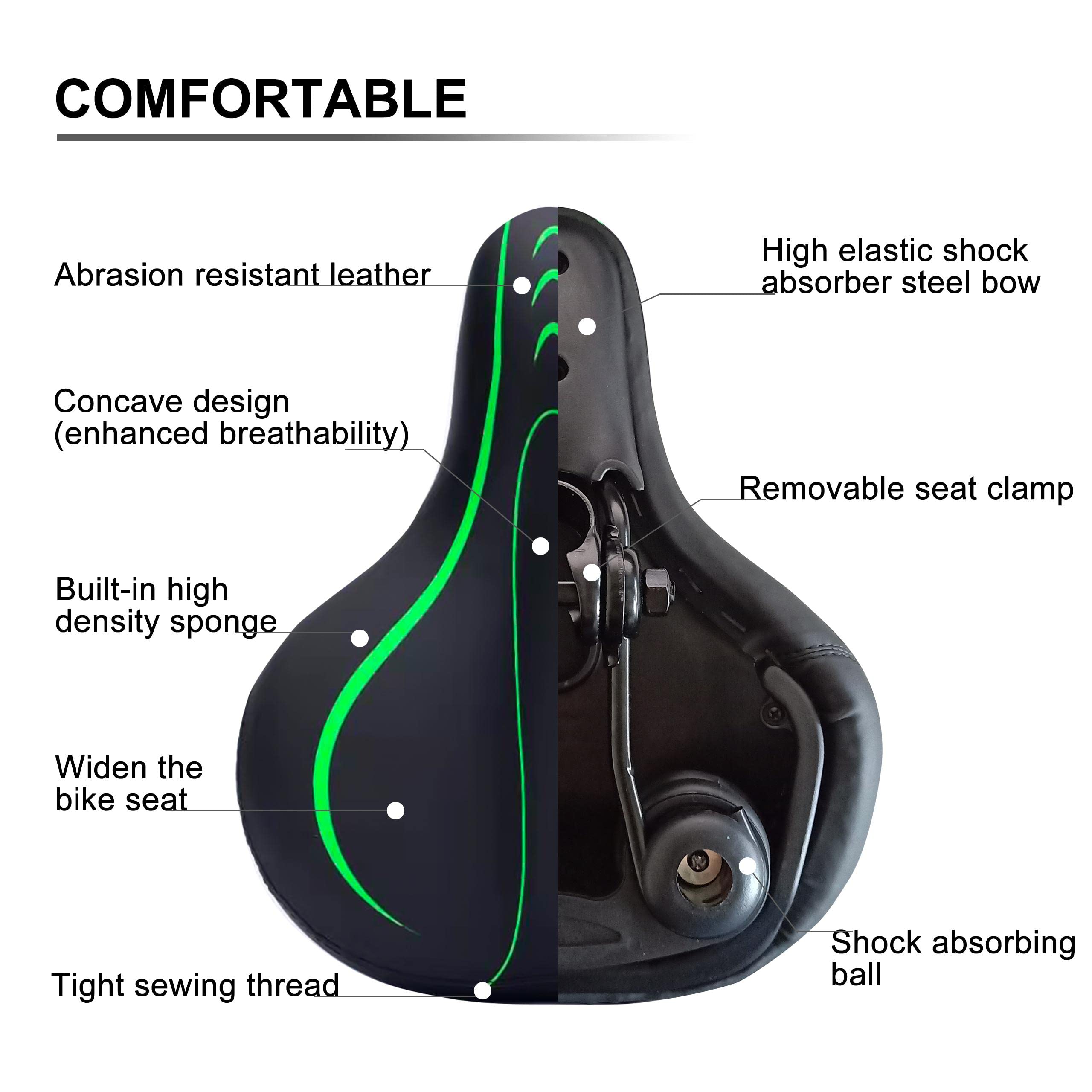 OXYVAN Bike Seat Most Comfortable Universal Replacement Bicycle Seat Cushion Dual Shock Absorbing Ball Wide Bicycle Saddle for Men Women, Green
