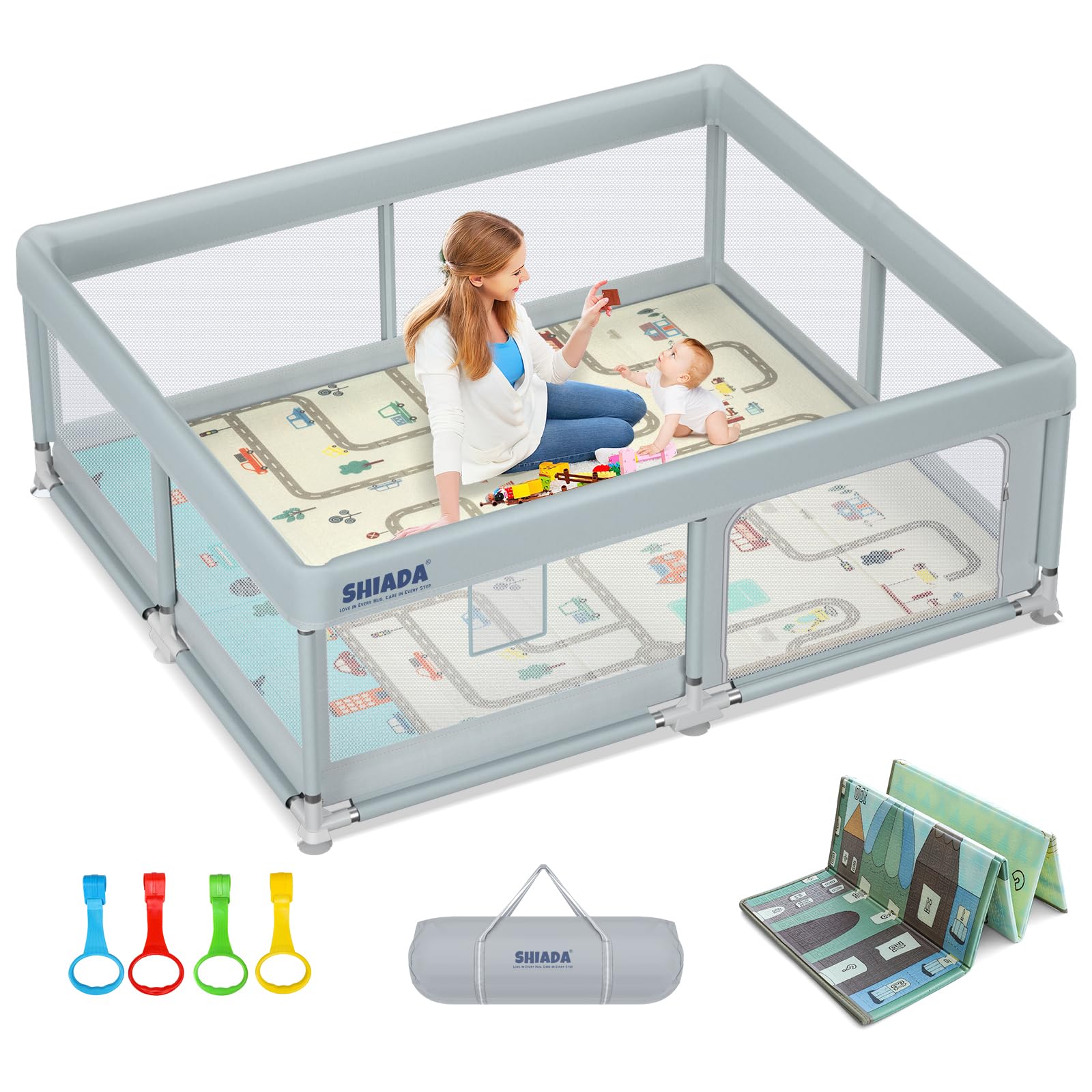 SHIADA Baby Playpen with Mat 71x59 Playpen for Babies and Toddlers,Baby Play Pen,Indoor & Outdoor Activity Center,Kids Playpen with Gate,Safety Baby Fence Play Area with Breathable Mesh(Gray)