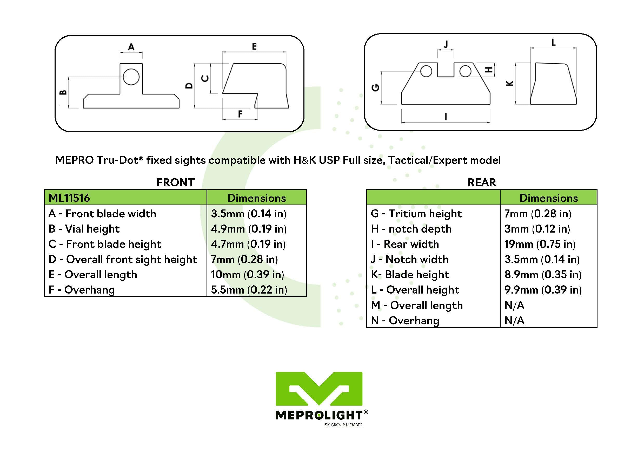 Mepro Tru-Dot tritium Night Sights Compatible with H&K USP Full Size Tactical Expert Model Yellow Orange dots Glow on Sight self Illuminated Meprolight Fixed Metal Sights
