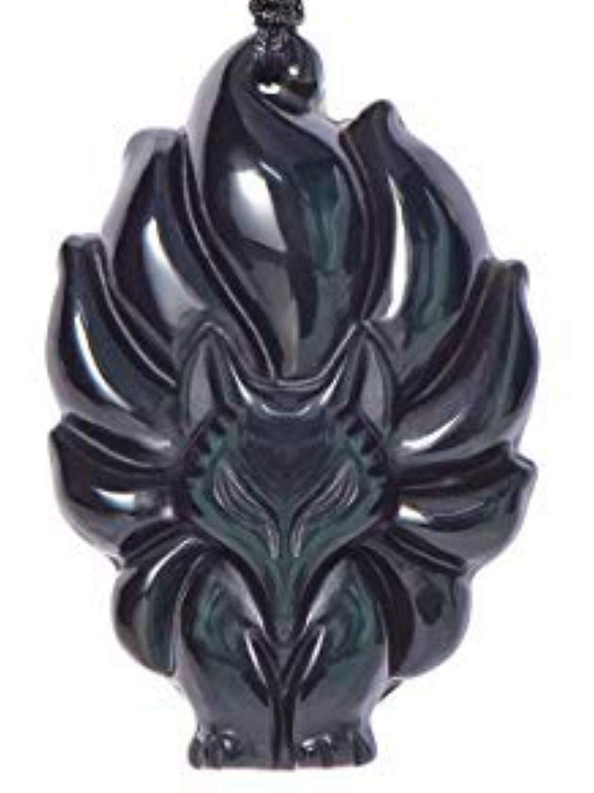 Obsidian crystal nine tail fox necklace Amulet pendant with bead chain for wen or women (rainbow fox)