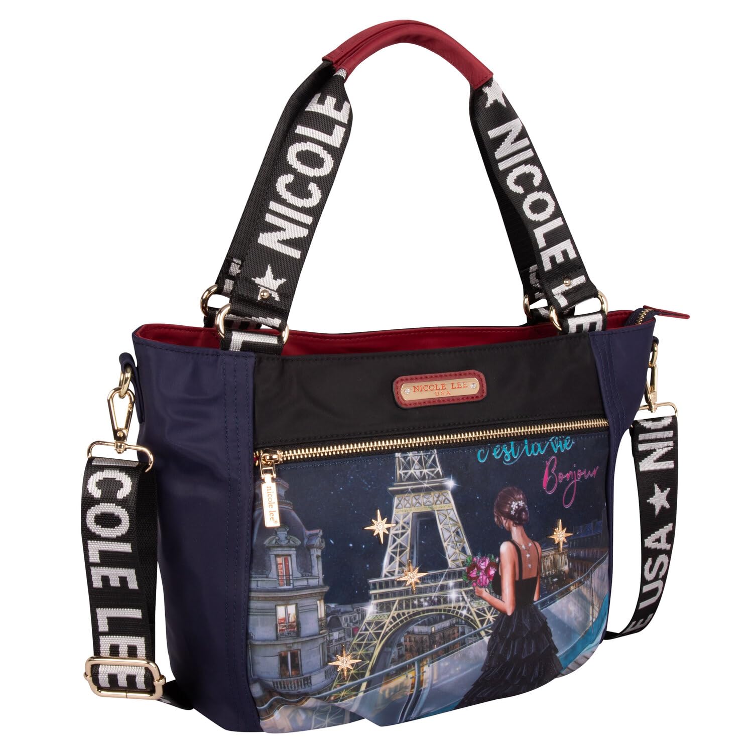 Nicole Lee Nylon Tonight For You Medium Handbag, Back Zip Pocket, Optional Crossbody Strap, Paris Evening Fashion Print, Navy Blue