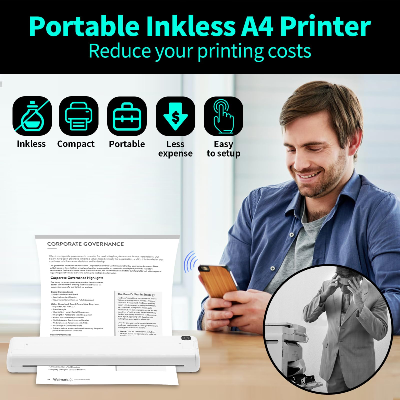 Nameer Portable Printers Wireless for Travel, Support 8.3" x 11.7" US Letter, Wireless Printer no Ink for Mobile Office (without Paper Bin, White)