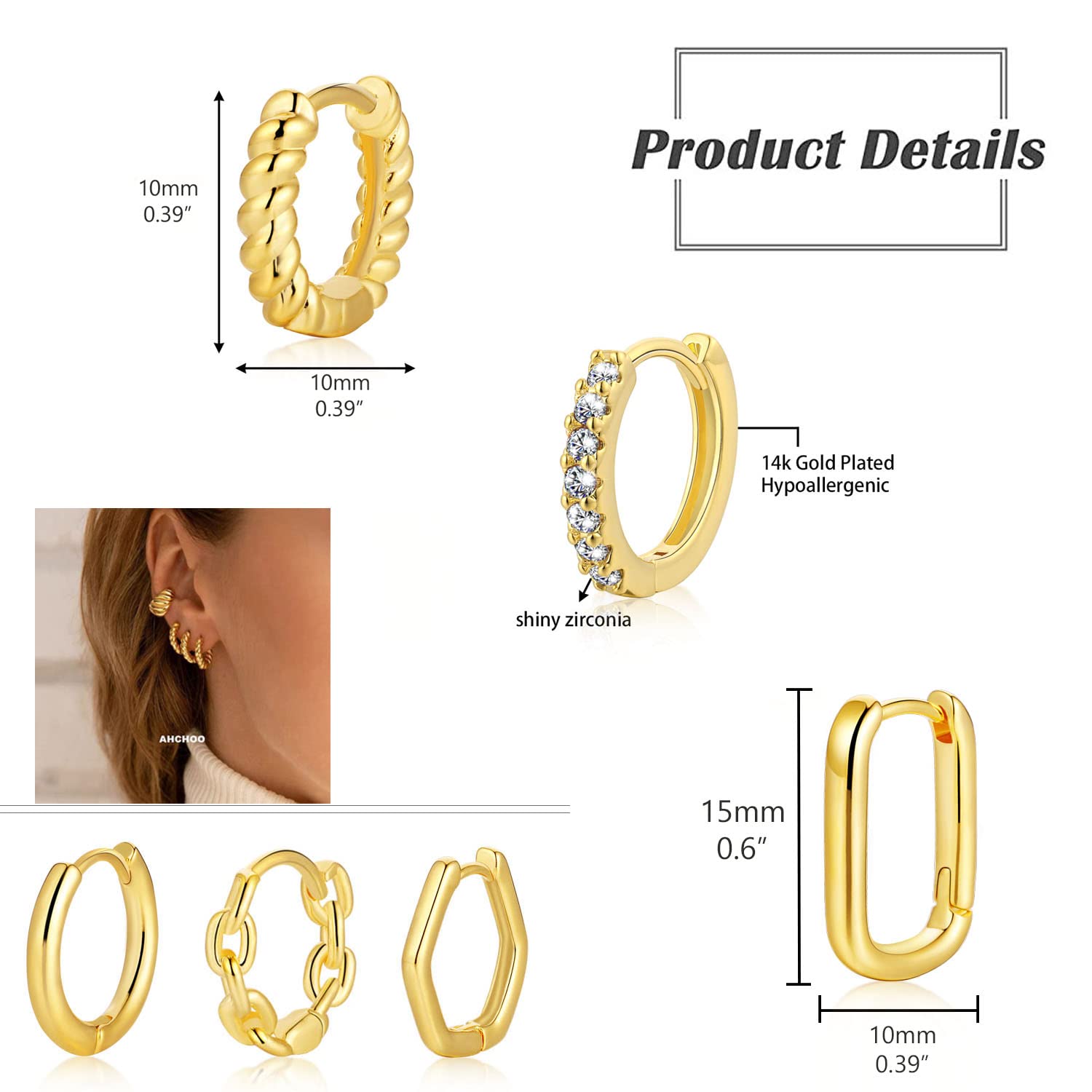TOBENY 6-9 Pairs 14K Gold Plated Small Hoop Earrings Set for Women