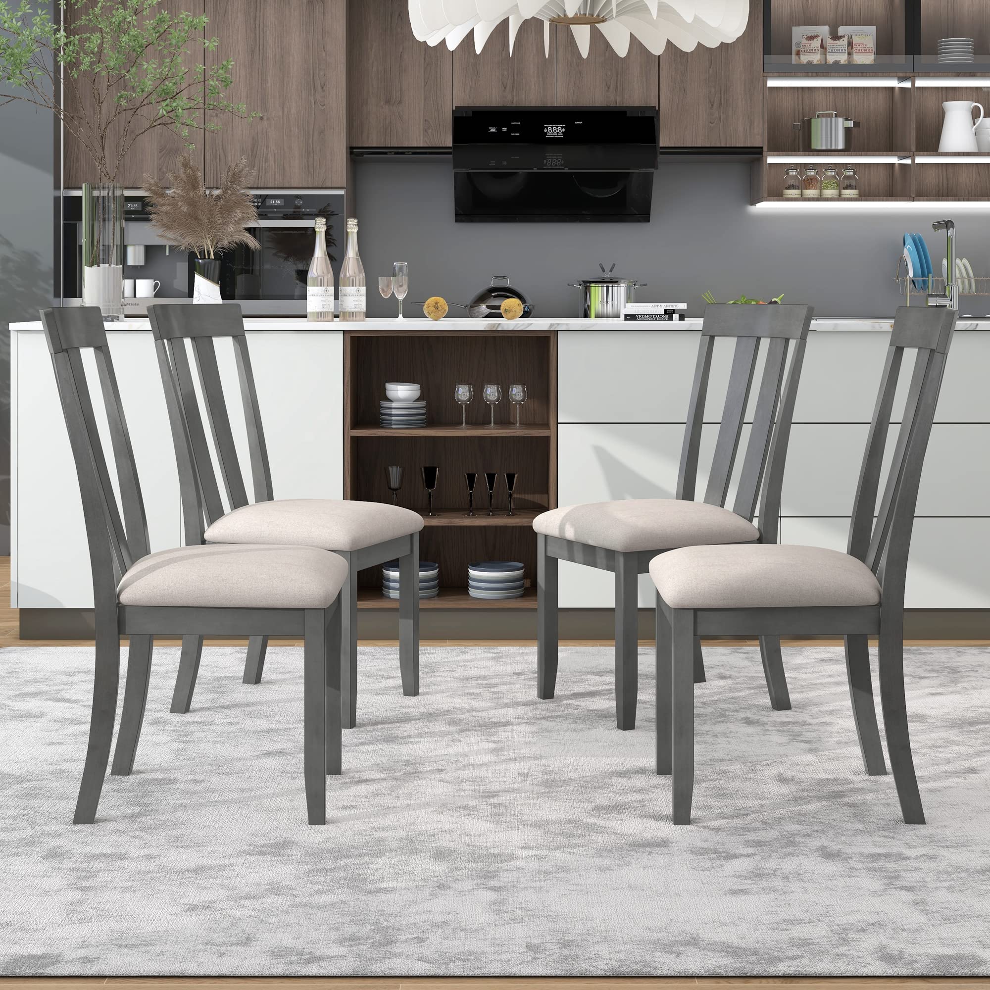 Merax Dining Chairs Set of 4, Fabric Padded Dining Chairs with Seat Cushions and Curved Back, Dining Chairs with Solid Wood Legs for Dining Room, Living Room, Bedroom (Gray)