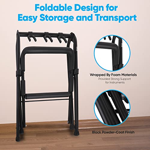 Pyle Foldable Universal Multi 3 Stand Portable Collapsible Instrument Floor Guitar Rack Holder w/Foam Padding-for Acoustic, Electric, Bass Guitar & Guitar Bag/Case PGST33,Black