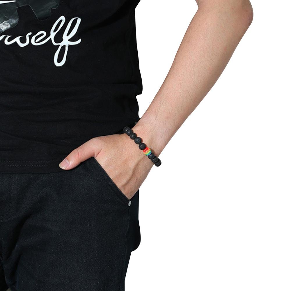Nanafast LGBT Pride Relationship Rainbow Bracelet Lava Rock/Tiger Eye Stone Bead Bracelets For Gay Lesibian Black 2 Pcs