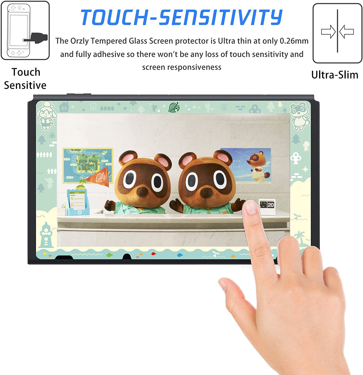 RHOTALL Screen Protector for Nintendo Switch, for Animal Crossing Design Border Tempered Glass Film, Transparent HD Clear Anti-Scratch 9H Hardness Bubble-Free