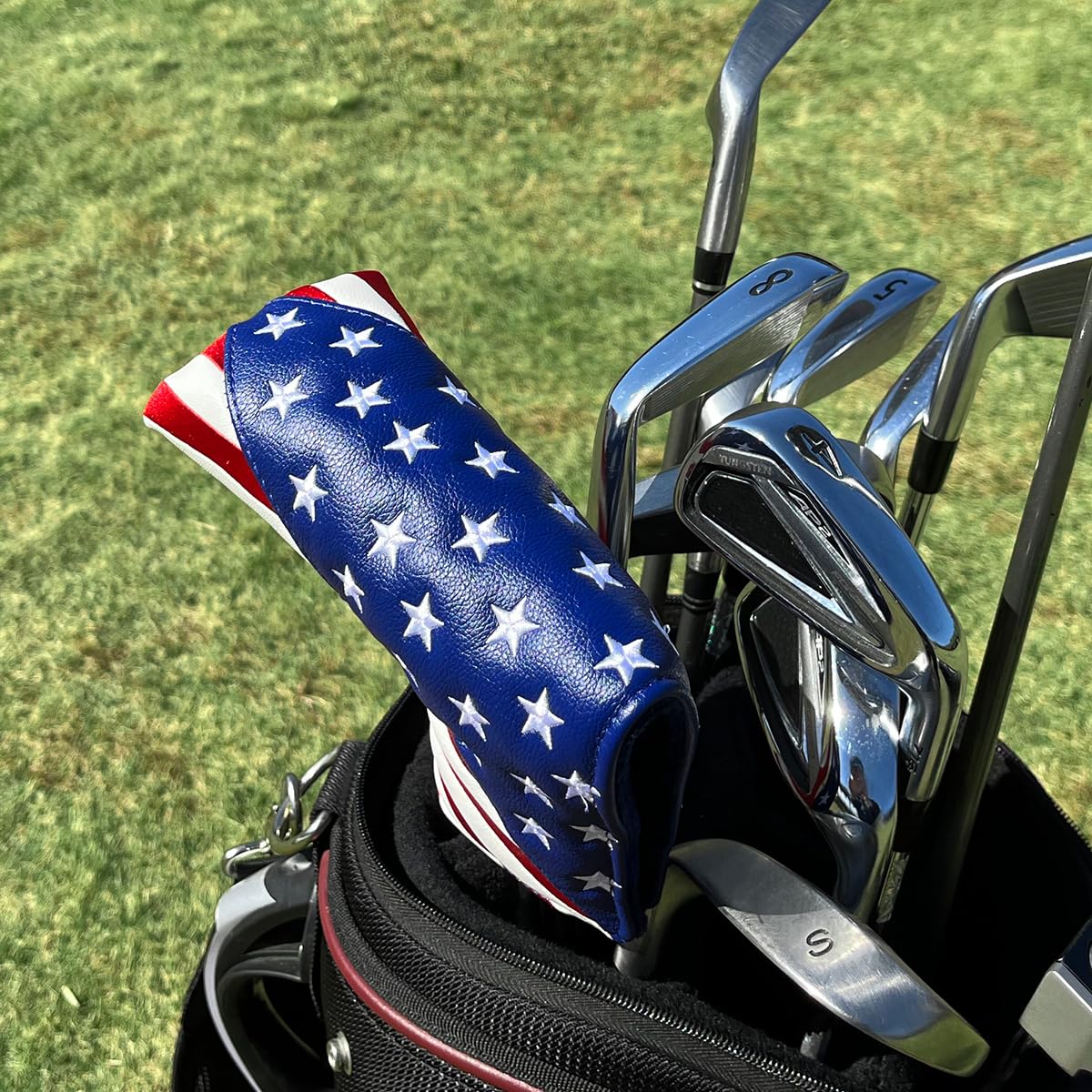 Red Blue White USA Flag Golf Blade Putter Cover Headcover Club Protective Magnetic Thick Synthetic Leather (Little Star)
