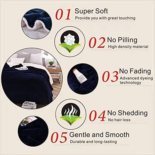 NANPIPER Sherpa Blanket, Super Soft Fuzzy Flannel Fleece/Wool Like Reversible Velvet Plush Blanket, Thick Warm Blanket for Winter (Twin Size 60"x80", Navy Blue)