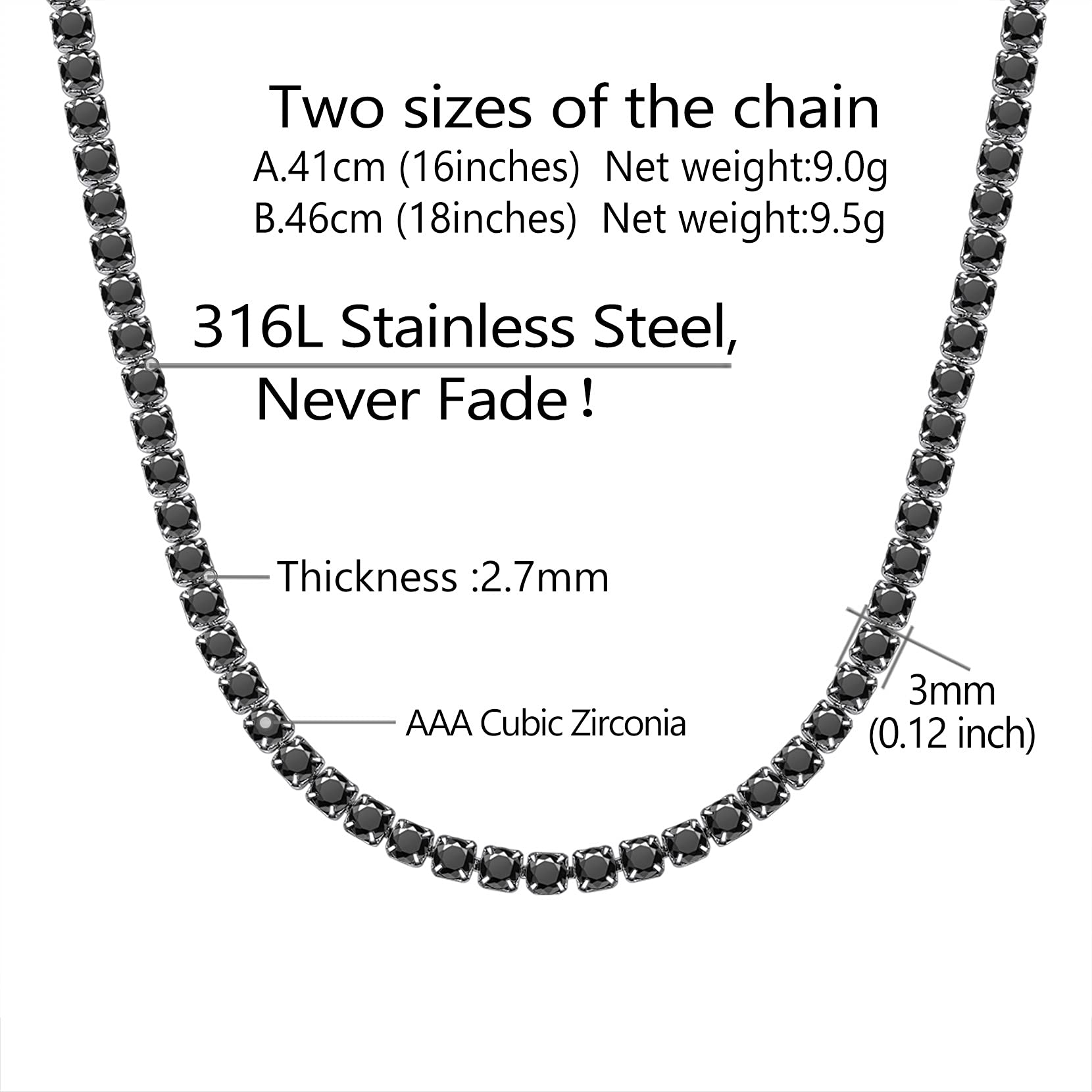 Richsteel Cubic Zirconia Tennis Chain for Men Women 18 Inch Black CZ Necklace Chain