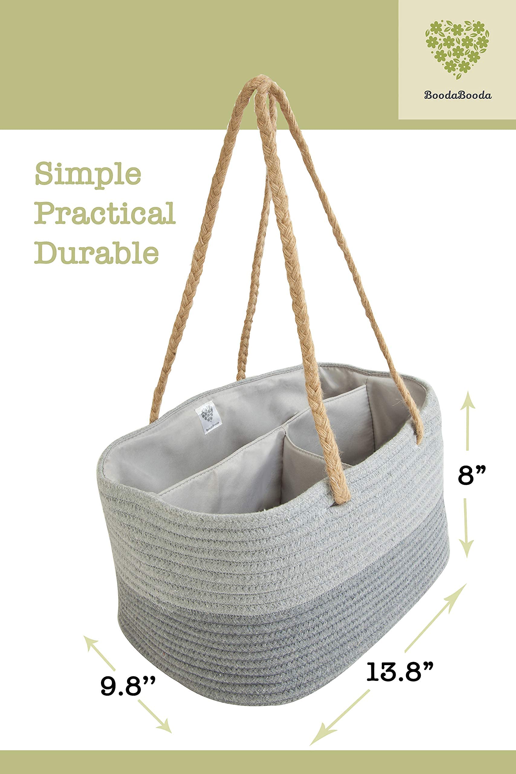 Rectangular Lined Cotton Rope Basket in Grey with Long Rope Handles and Compartments – Storage organizer for Baby Nursery, Diaper Caddy Organizer – Versatile Decorative Tote Caddy Basket by BoodaBooda