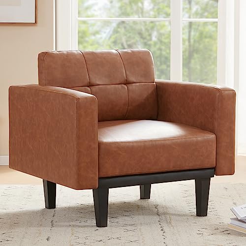 Mid-Century Modern Leather Accent Wood Base & Legs, Oversized Upholstered Single Sofa Chair, Comfy Living Room Armchairs for Apartment Bedroom Office Study, Cognac/Espresso…, 1 Pcs, Brown