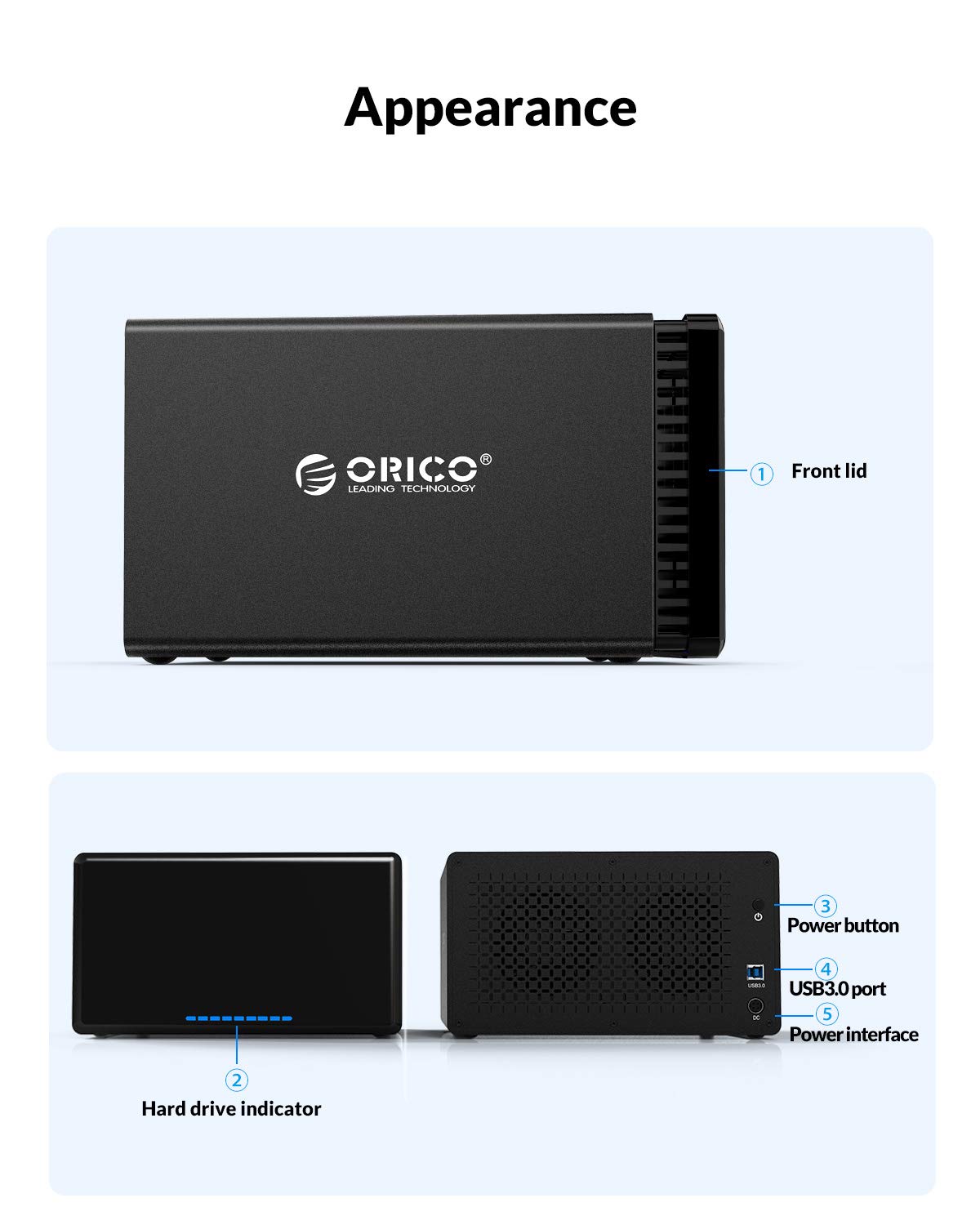 ORICO 8 Bay Tool-Free Aluminum Hard Drive Enclosure with 2 Build-in Fans, Horizontal HDD Docking Station for Small Business Data Backup and Expansion Max to 128TB- NS800U3