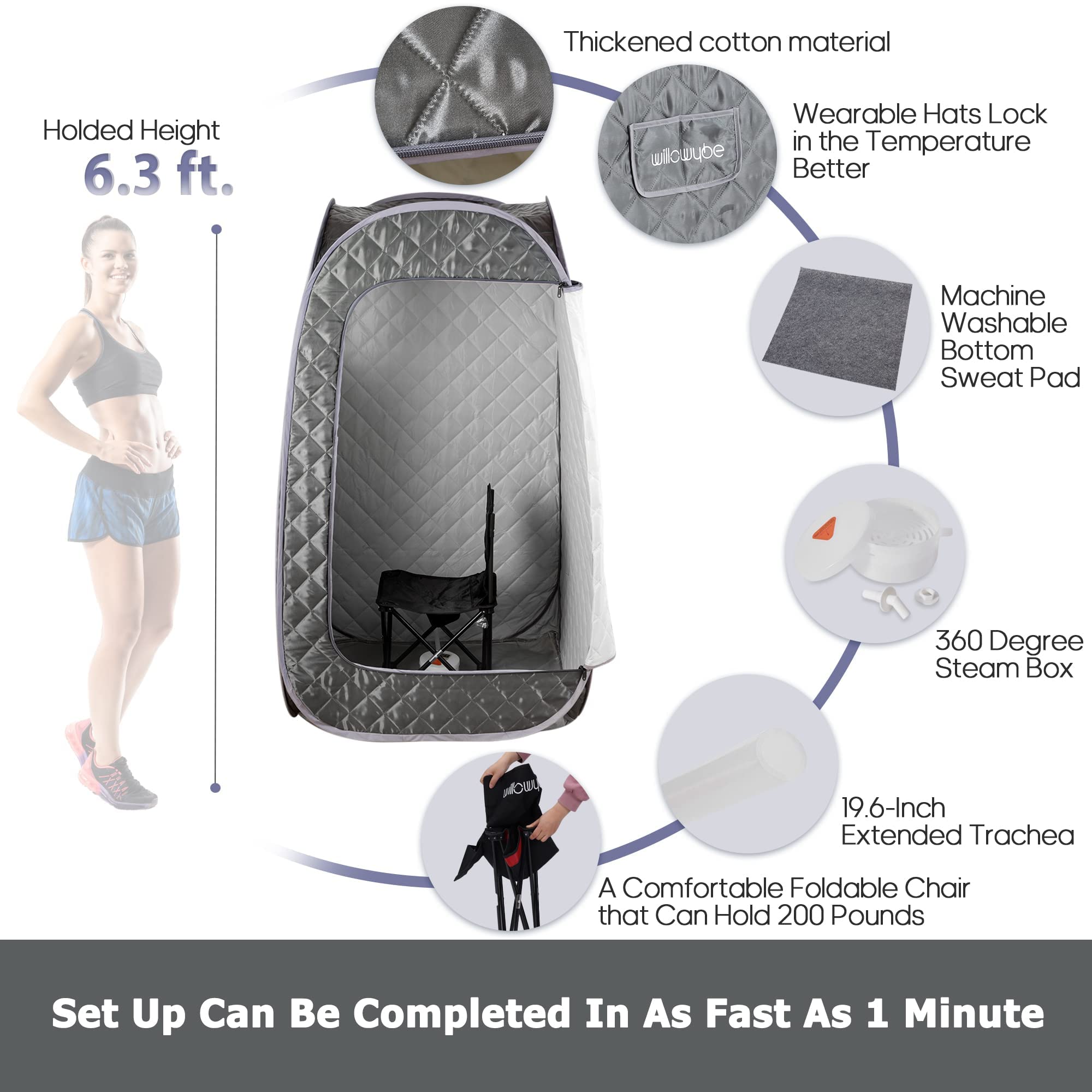 WillowyBe Portable Steam Sauna with Bluetooth Control, Steamer, Body Tent, Foldable Chair | Personal Home Spa