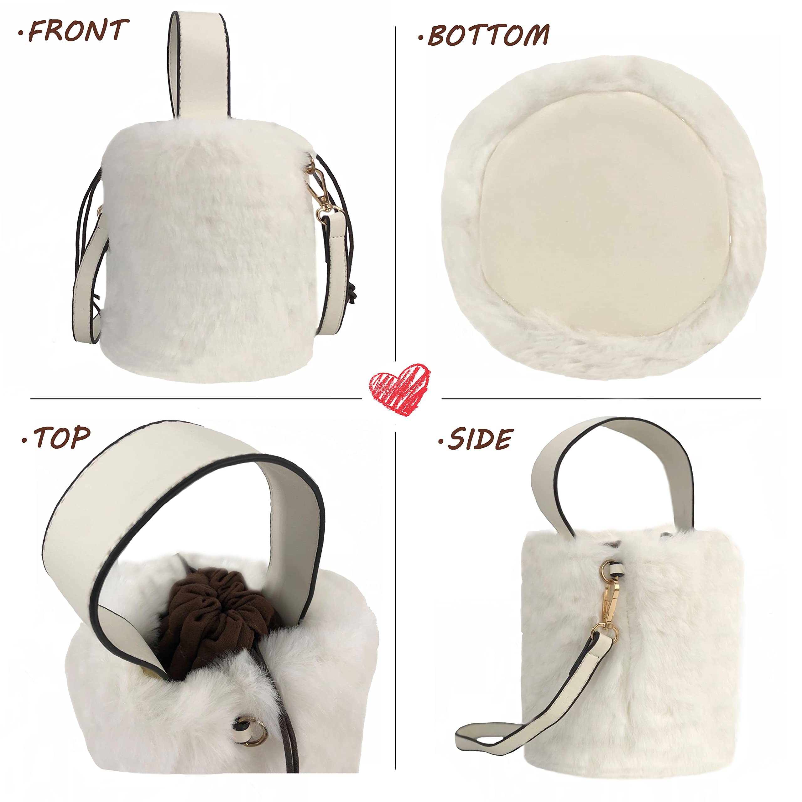 TANJUR Plush Cylinder Bucket Bag Women Vogue Handbag Faux Leather Top-Handle Tote Shoulder Bag (White)