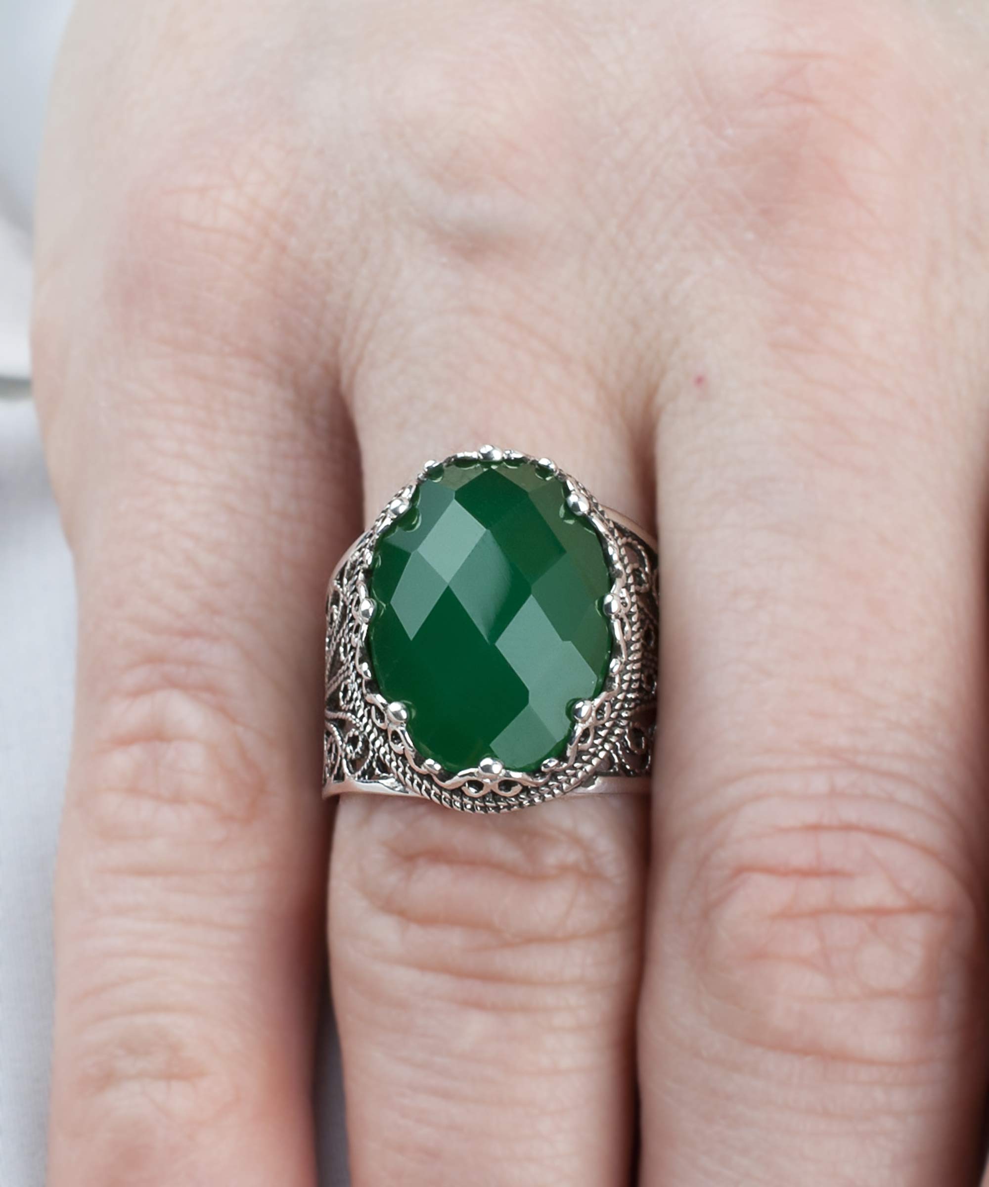 Ottoman Silver Collection 925k Sterling Silver Handmade Artisan Crafted Oval Filigree Ring with Green Agate Gemstone Unique Eyecatcher Designer Gift For You and Your Precious Beloved (Size 5-12) (10)