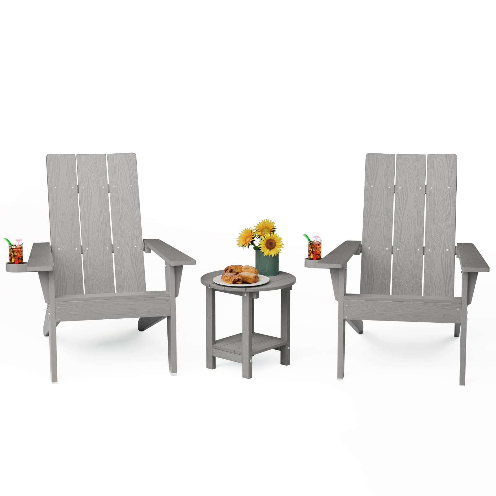 MXIMU 3-Piece Oversize Modern Adirondack Chair and Table Set, Fire Pit Seating, Foldable Outdoor Lounger Armchair, Lawn Chairs Furniture for Beach Poolside Balcony Patio Grey