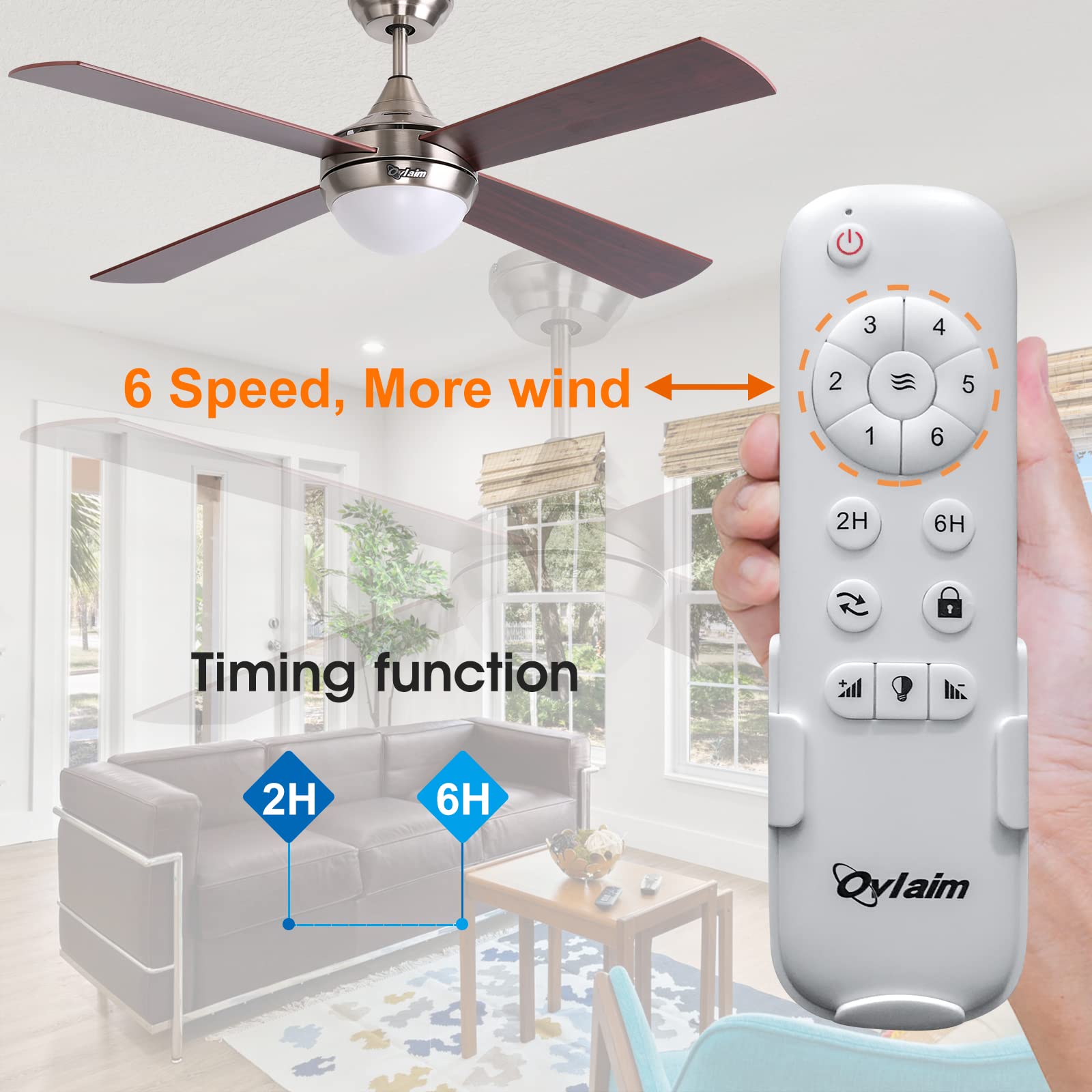 Ovlaim Quiet DC Motor 48 Inch Wood Ceiling Fan with Lights Remote Control for Bedroom Living Room, 4 Blades Brown