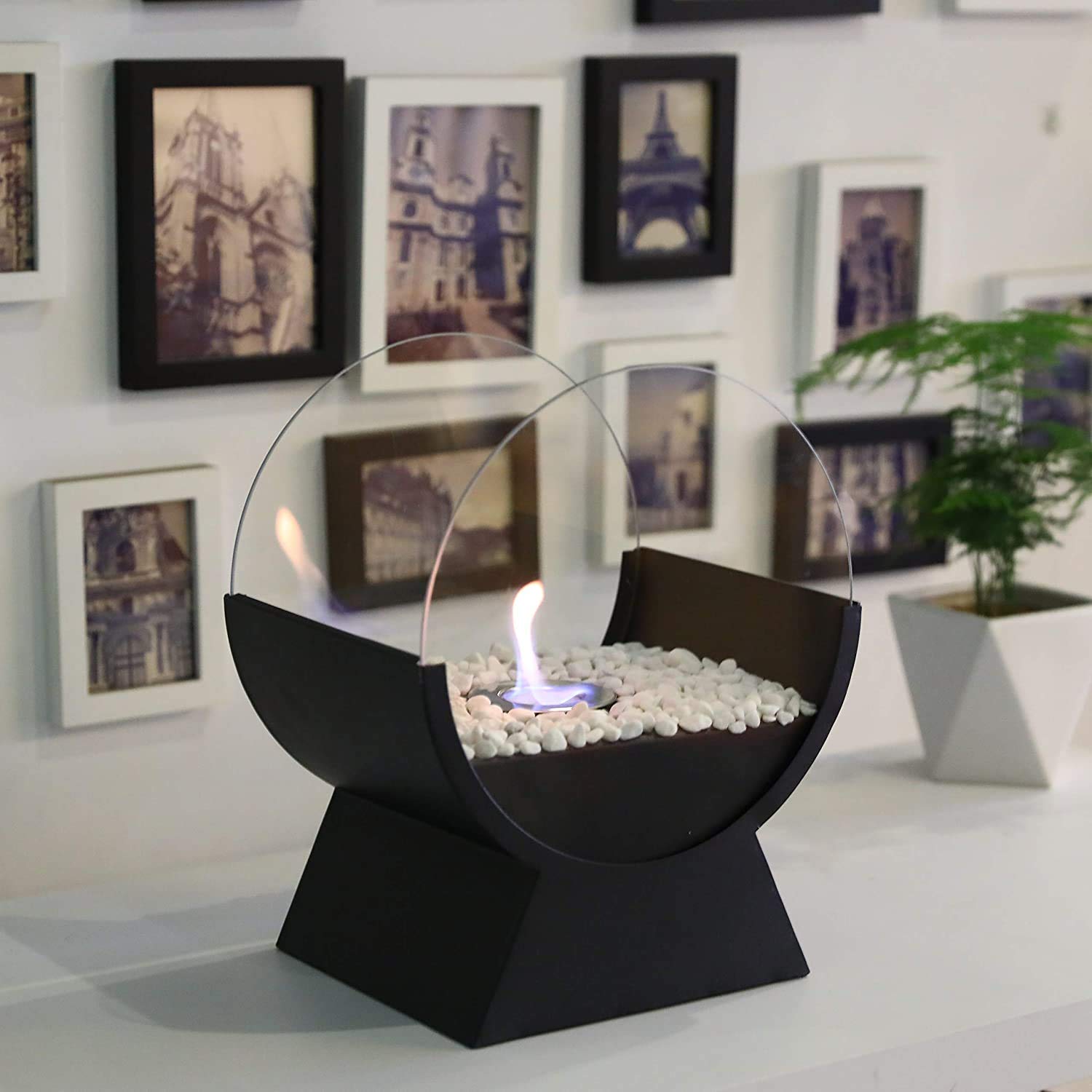 Round Glass Tabletop Fireplace 13.5" H Portable Fire Bowl Pot Clean Burning Bio Ethanol Ventless Fireplace for Indoor Outdoor Patio Parties Events(Black)