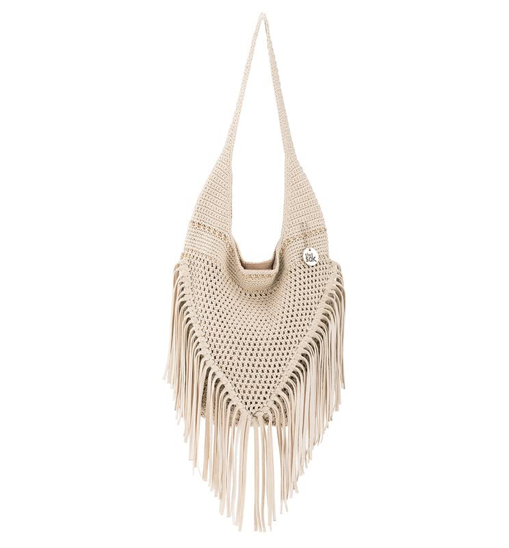 The Sak Back To Bali 120 Hobo Bag in Leather & Hand-Crochet, Large Shoulder Purse, Ecru Niagara