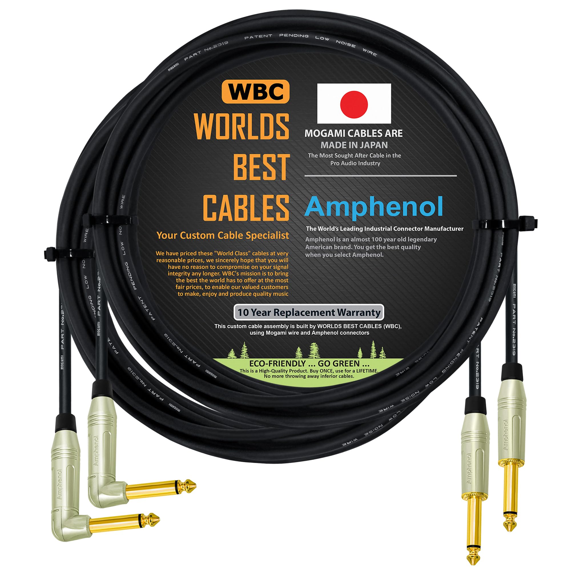 WORLDS BEST CABLES 2 Units - 10 Foot - Pedal, Effects, Patch, Instrument Cable Custom Made Using Mogami 2319 Wire & Amphenol ACPM-RN-AU & ACPM-GN-AU M-Series Angled & Straight Gold TS Plugs