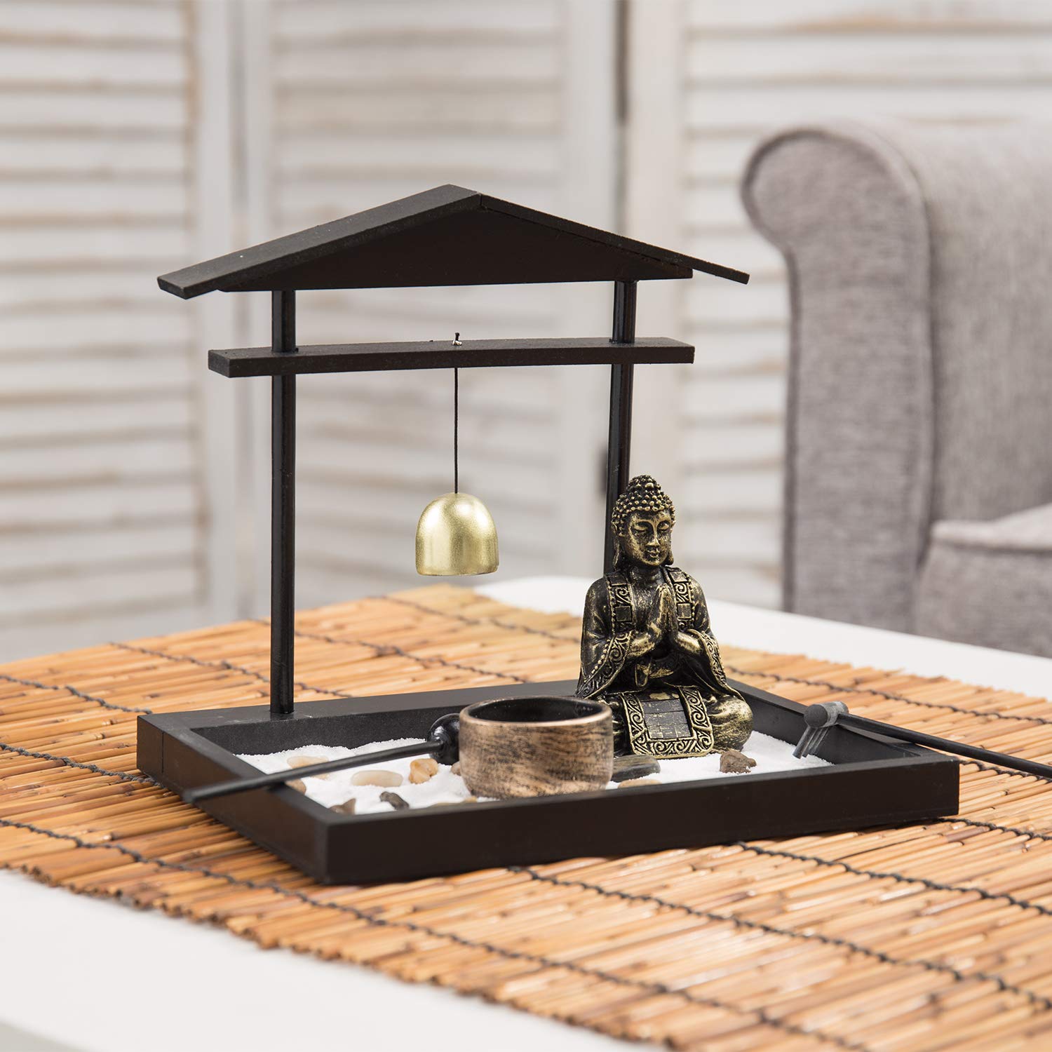 MyGift Mini Zen Sand Garden Set with Buddha Statue, Bell, Rake, Candle Holder & Tray