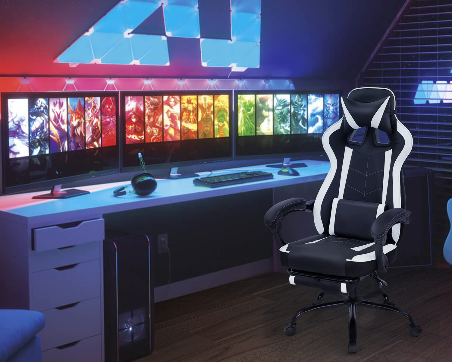 PC Gaming Chair Home Office Chair Racing Computer Chair with Lumbar Support Reclining Armrest Foot Rest Rolling Swivel PU Leather Ergonomic Task Desk Chair(White)