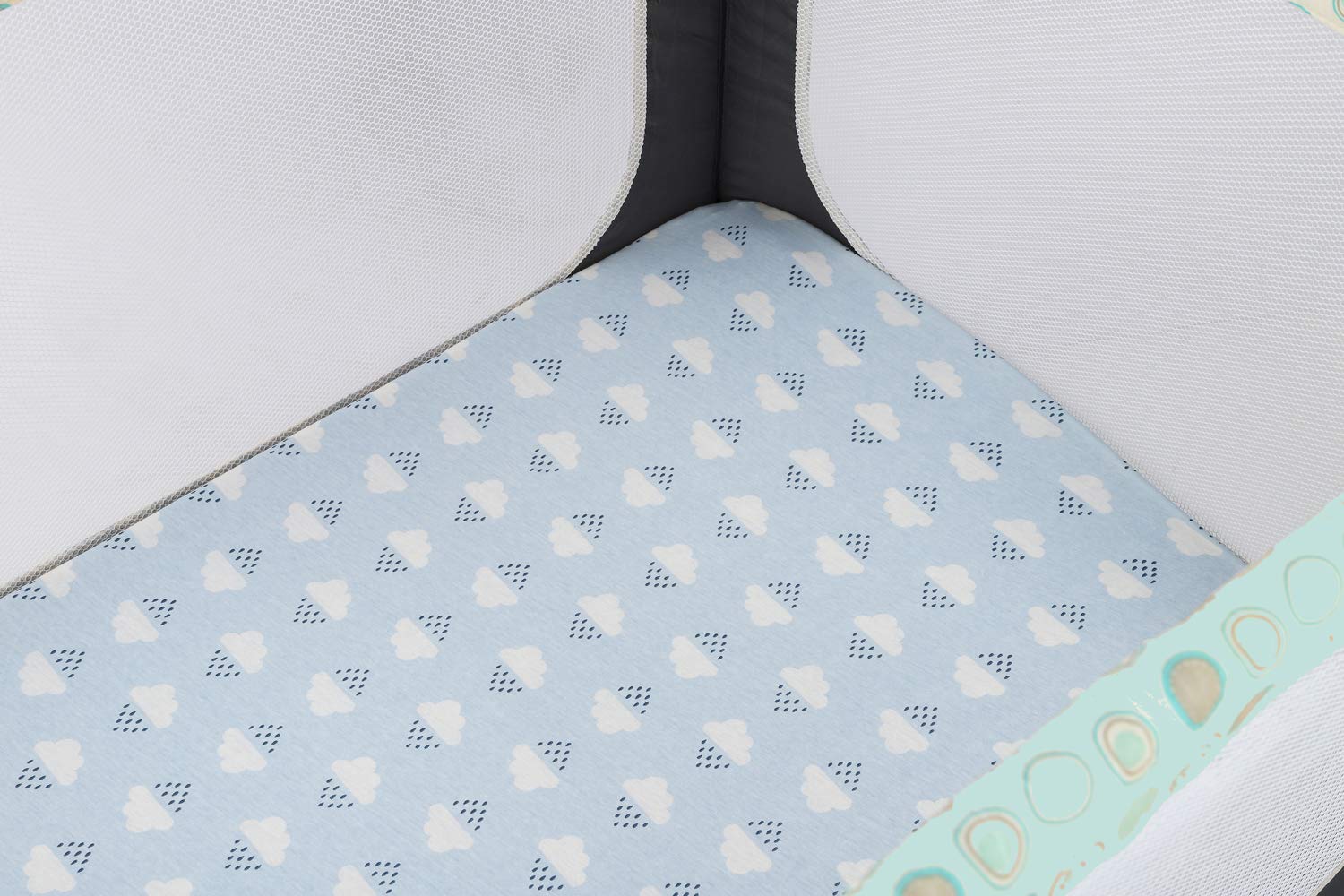 Pack n Play Playard Fitted Sheet 2 Pack, Ultra Soft Stretchy Jersey Cotton Portable Mini Crib Sheets, Clouds and Raindrops Prints, White and Blue