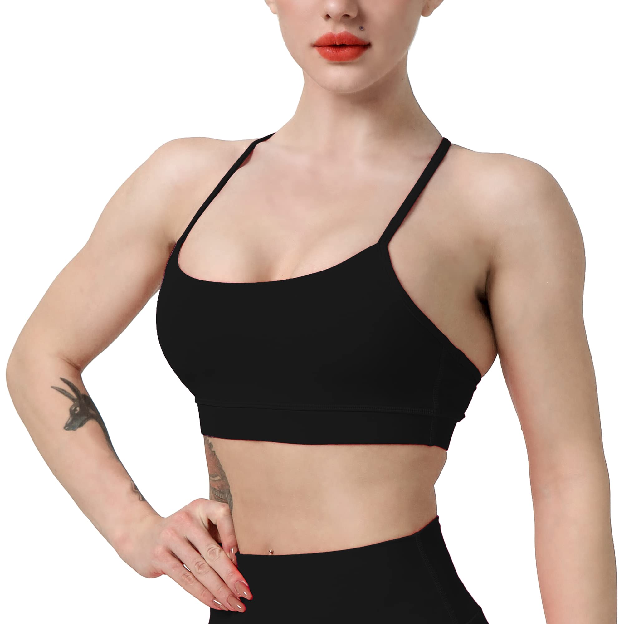 Zelack Y-Back Padded Premium Sports Bra with Chic Thin Straps Removable Cups, Low Support Yoga Bras,Black,L