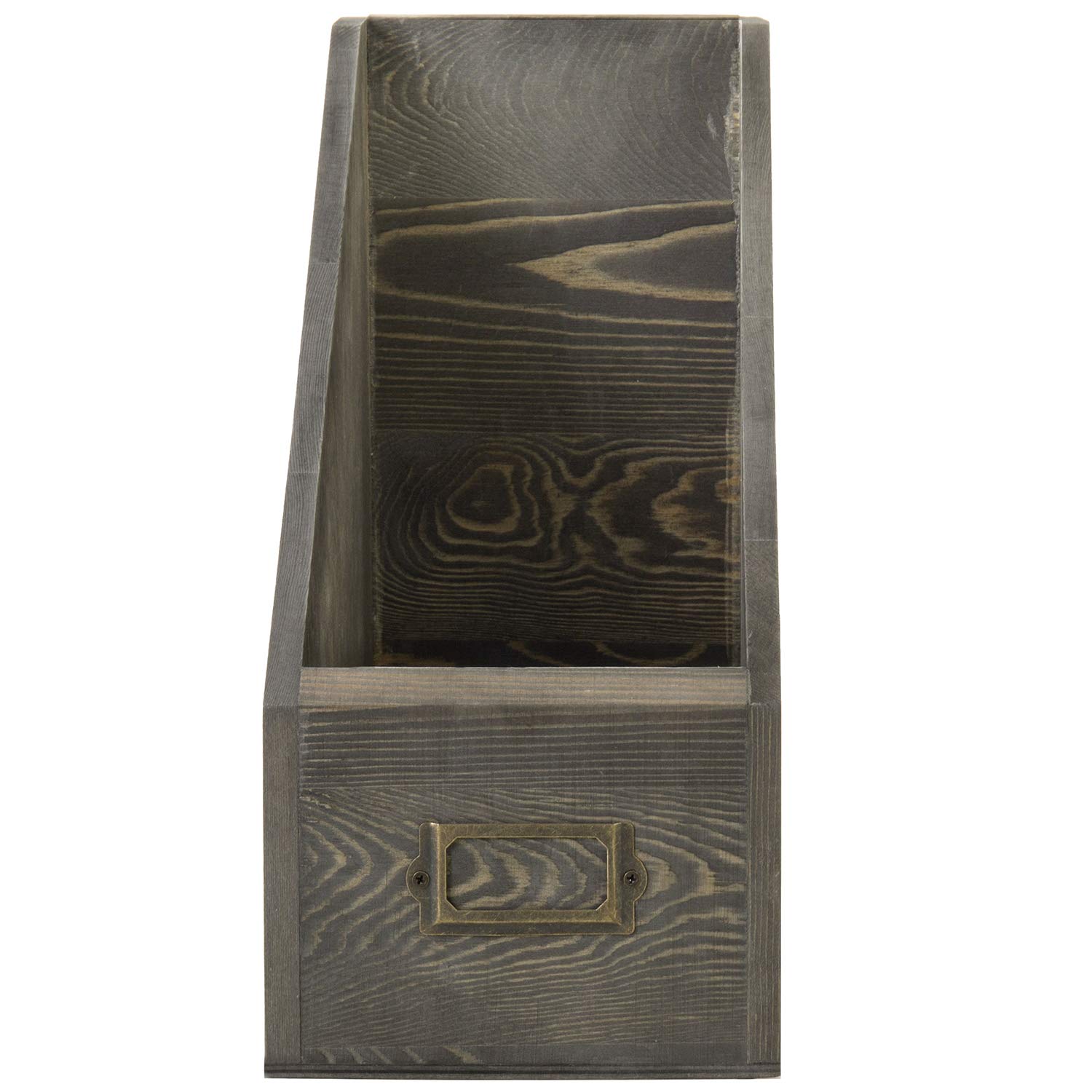 MyGift Vintage Gray Wood Magazine File Holder, Office Document Folder and Paper Organizer Bin with Metal Label Holder
