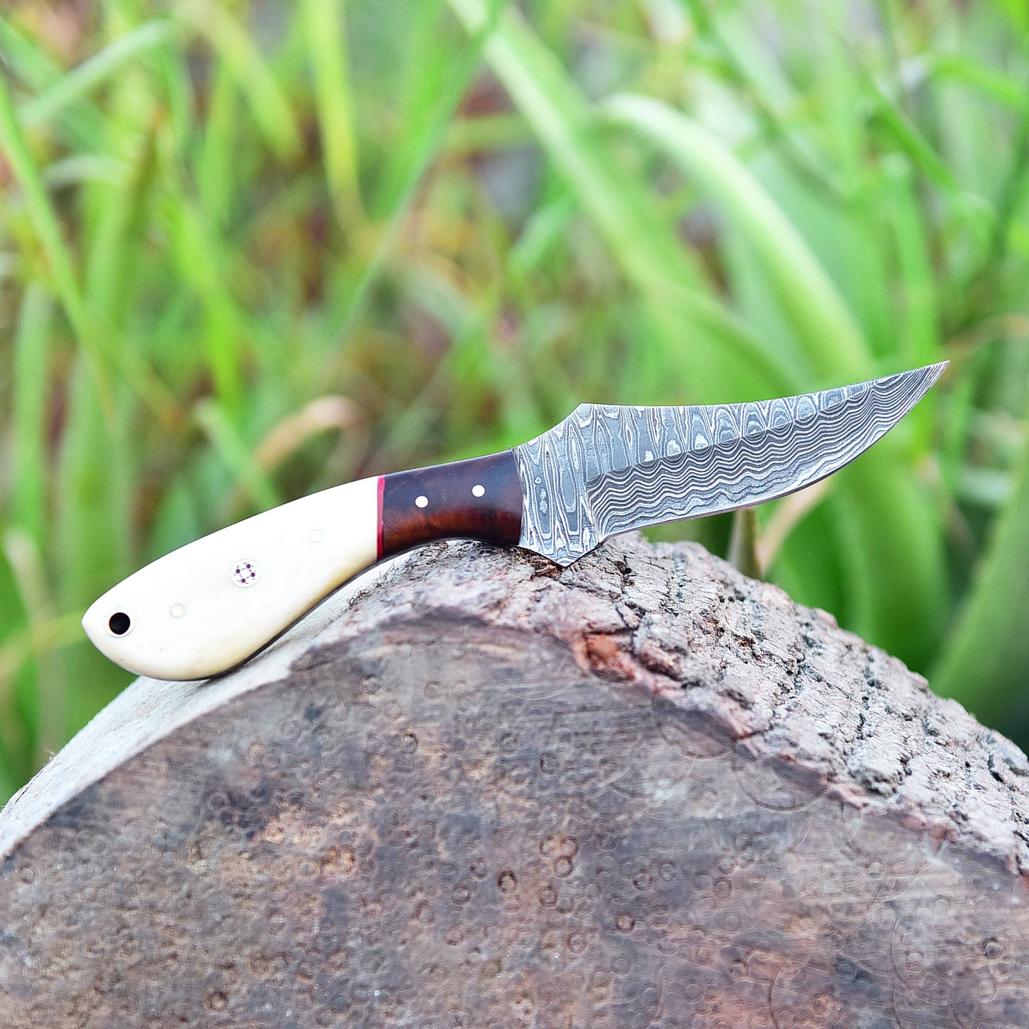 Wolf Craft WOLF CARFT Handmade Damascus Steel Hunting Knife Fixed Blade, Bone & Rose Wood Handle Damascus Steel Knife Skinning Knife With Leather Sheath