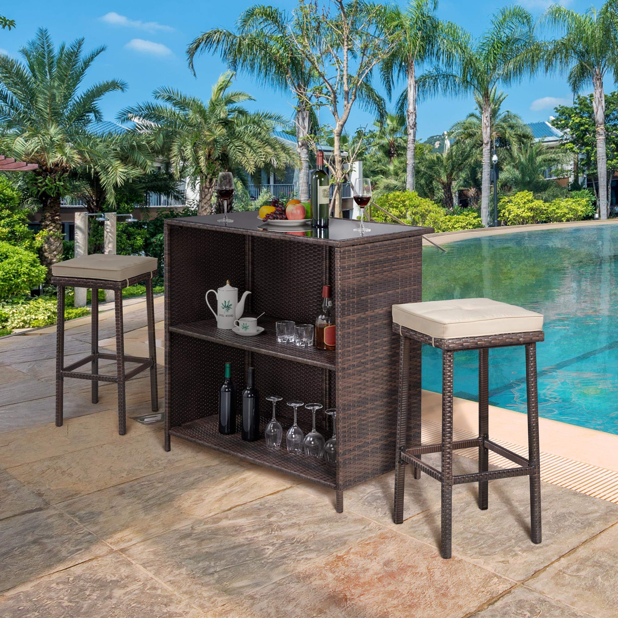 Yaheetech 3pcs Patio Bar Set, Outdoor Wicker Bar Furniture with 2 Storage Shelves, Glass Top Table, Removable Cushions and Two Stools for Backyards, Porches, Gardens or Poolside