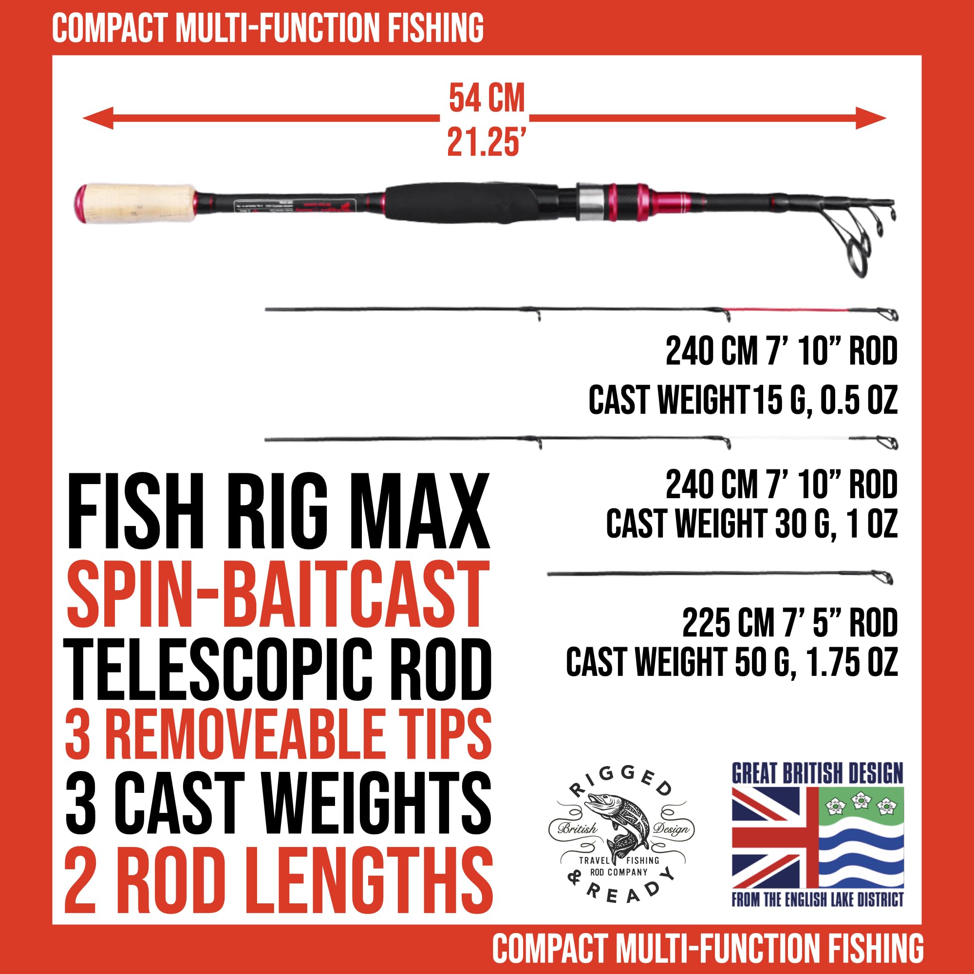 Rigged and Ready Spinning-Baitcast Telescopic Travel Fishing Rod. Unique Spin-Cast Micro Trigger. 7’ 10” + 6’ 10” Lengths. 3 Tips. 3 cast Weight. Max 1.75oz Bass Baitcasting Casting Cast