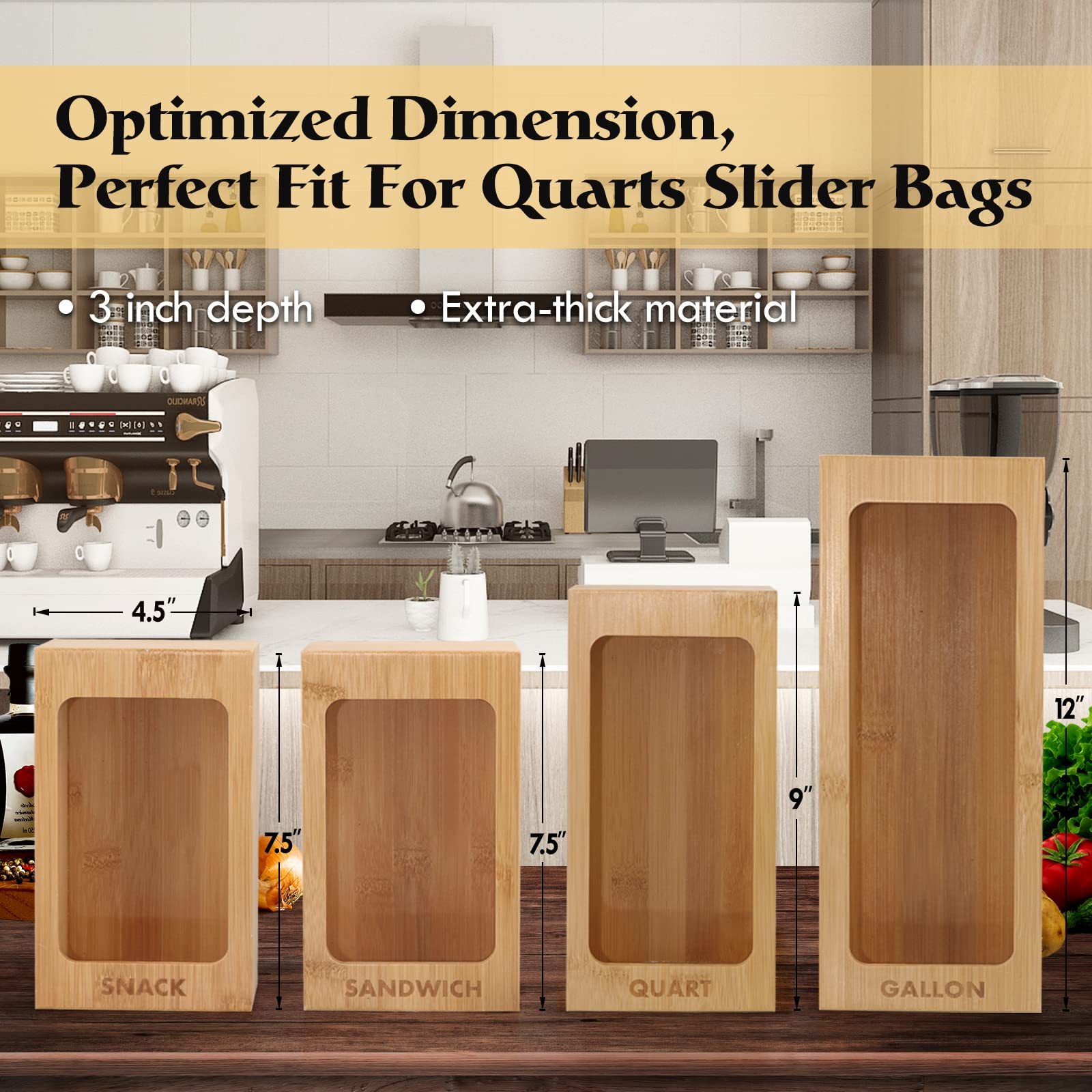 Storage Bag Organizer for Kitchen Drawer Organization, Bamboo Ziplock Bag Organizer for Drawer, Plastic Bag Organizer, Compatible with Quart Sliders, Snack & Sandwich Bag Organizer, Food Baggie Holder
