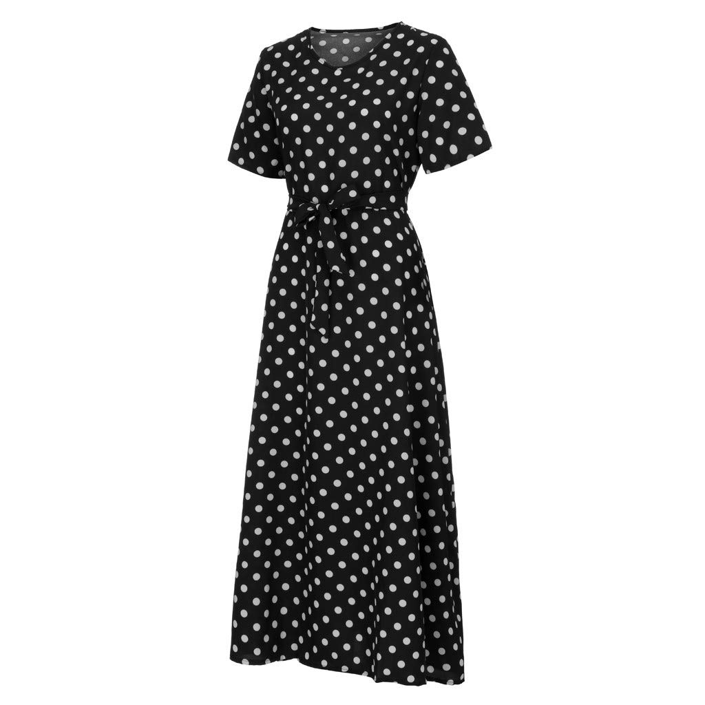 Mikilon Women Casual Boho Summer Maxi Dresses Polka Dot Short Sleeve Swing Dress with Belt